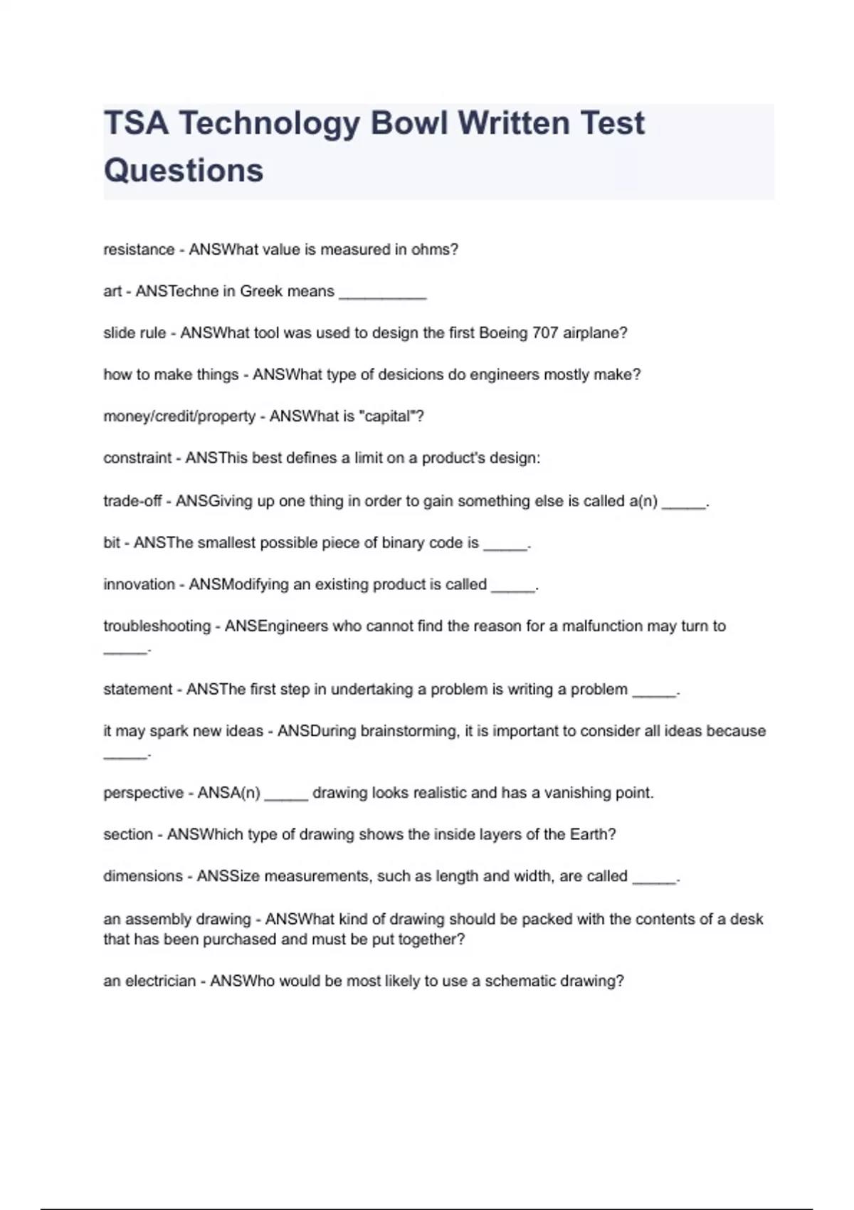 TSA Technology Bowl Written Test Questions 2024/2025 verified answers ...