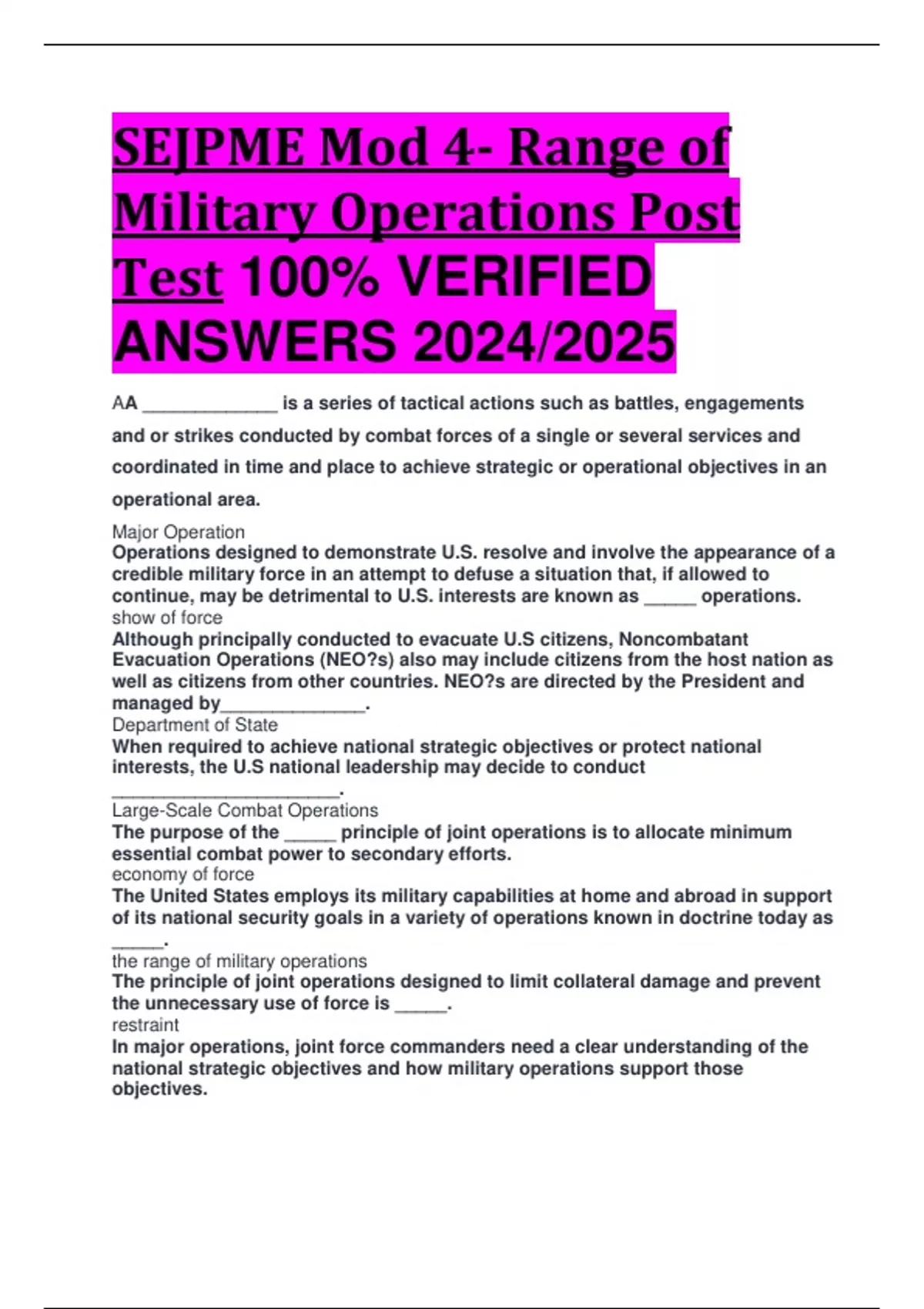 SEJPME Mod 4- Range of Military Operations Post Test 100% VERIFIED ...