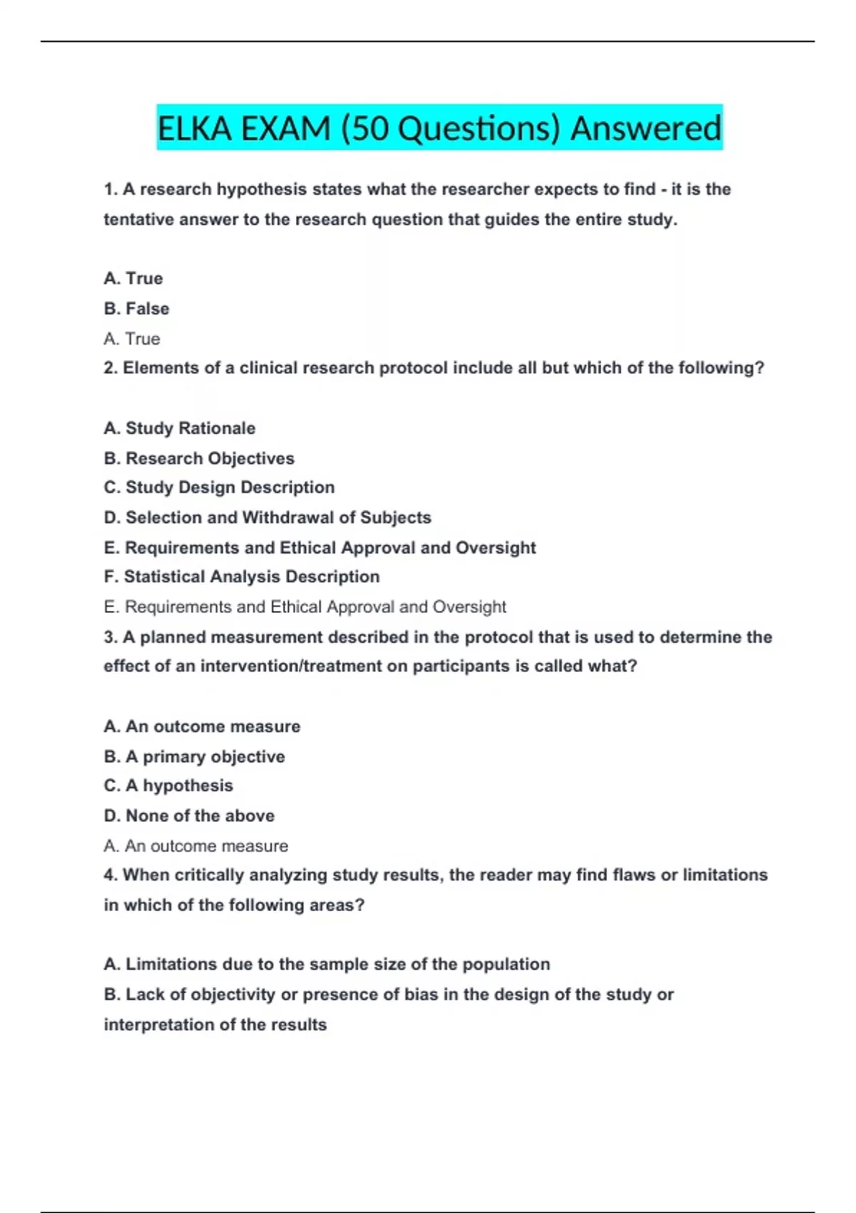 ELKA EXAM (50 Questions) Answered - ELKA - Stuvia US