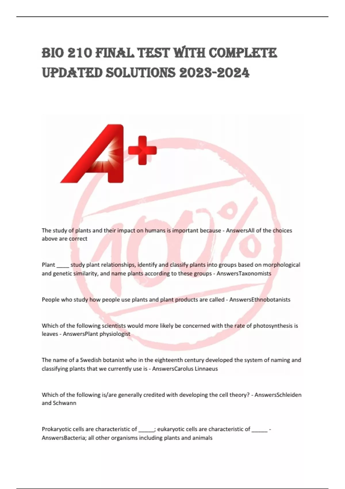 Bio 210 Final TEST with complete updated solutions - Bio 210 - Stuvia UK