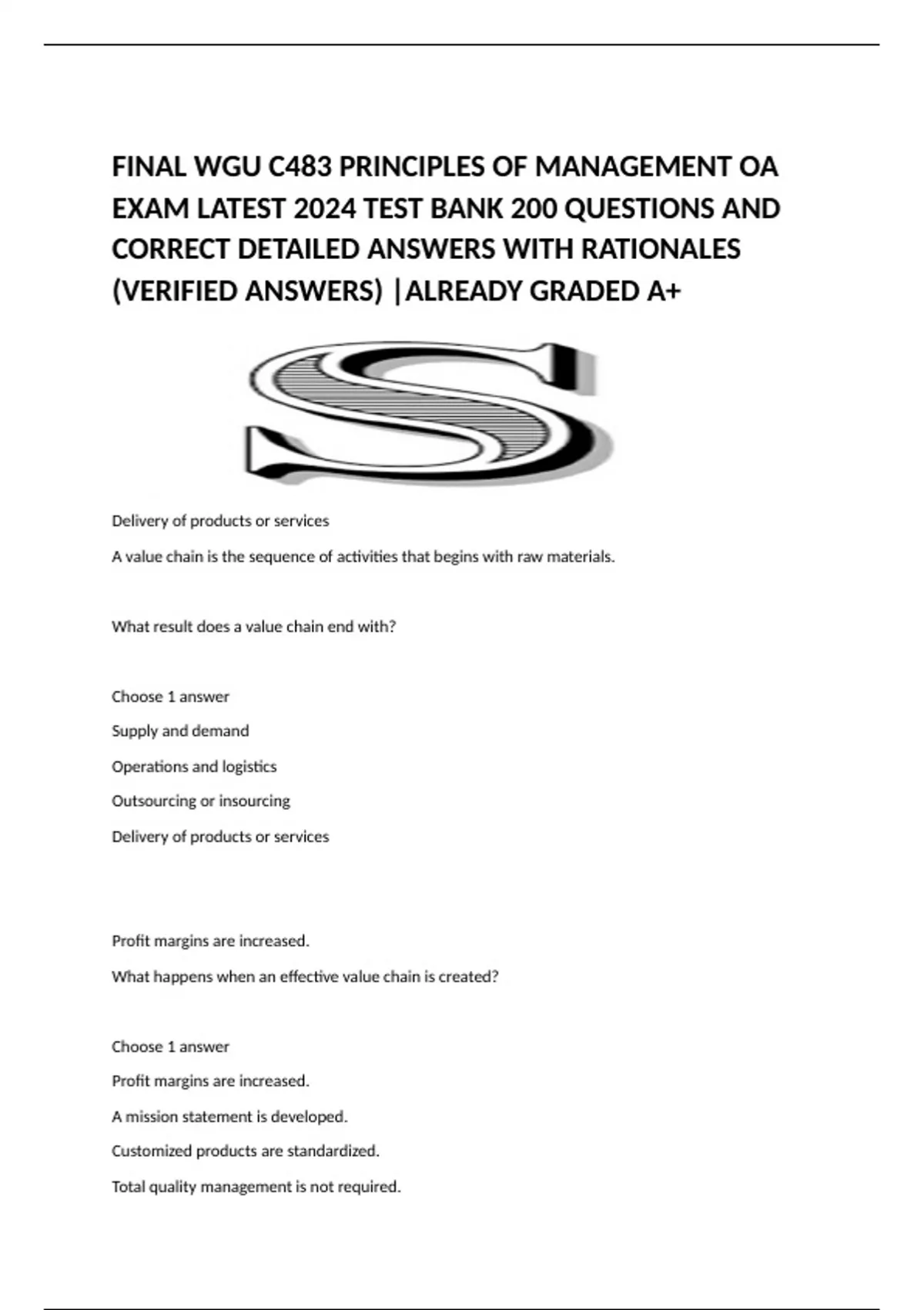 FINAL WGU C483 PRINCIPLES OF MANAGEMENT OA EXAM LATEST 2024 TEST BANK ...