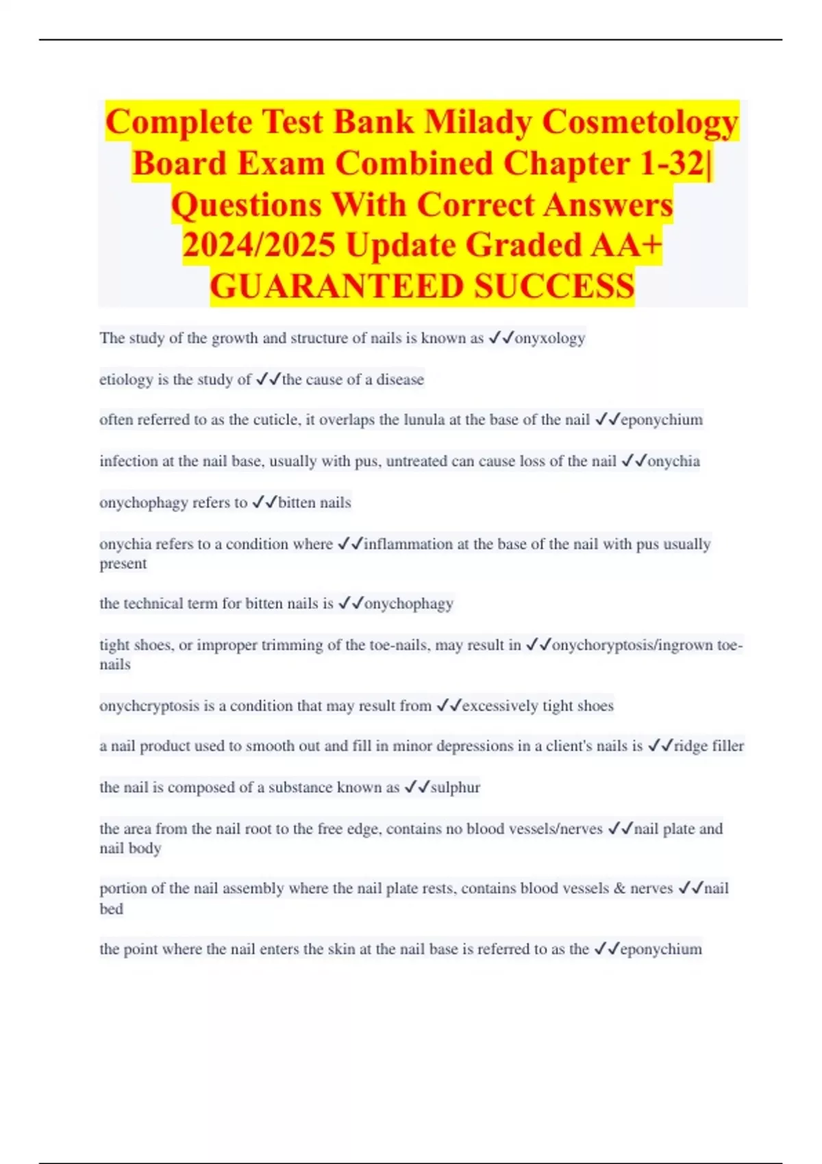 Complete Test Bank Milady Cosmetology Board Exam Combined Chapter 1-32 ...