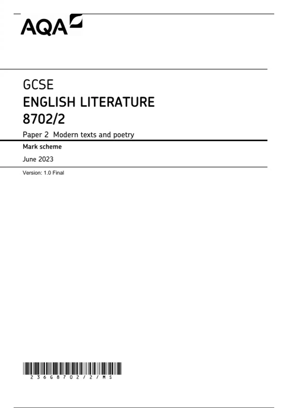 GCSE AQA MAY 2023 ENGLISH LITERATURE PAPER 2 MARK SCHEME English GCSE AQA MAY 2023 ENGLISH LITERATURE PAPER 2 MARK SCHEME English