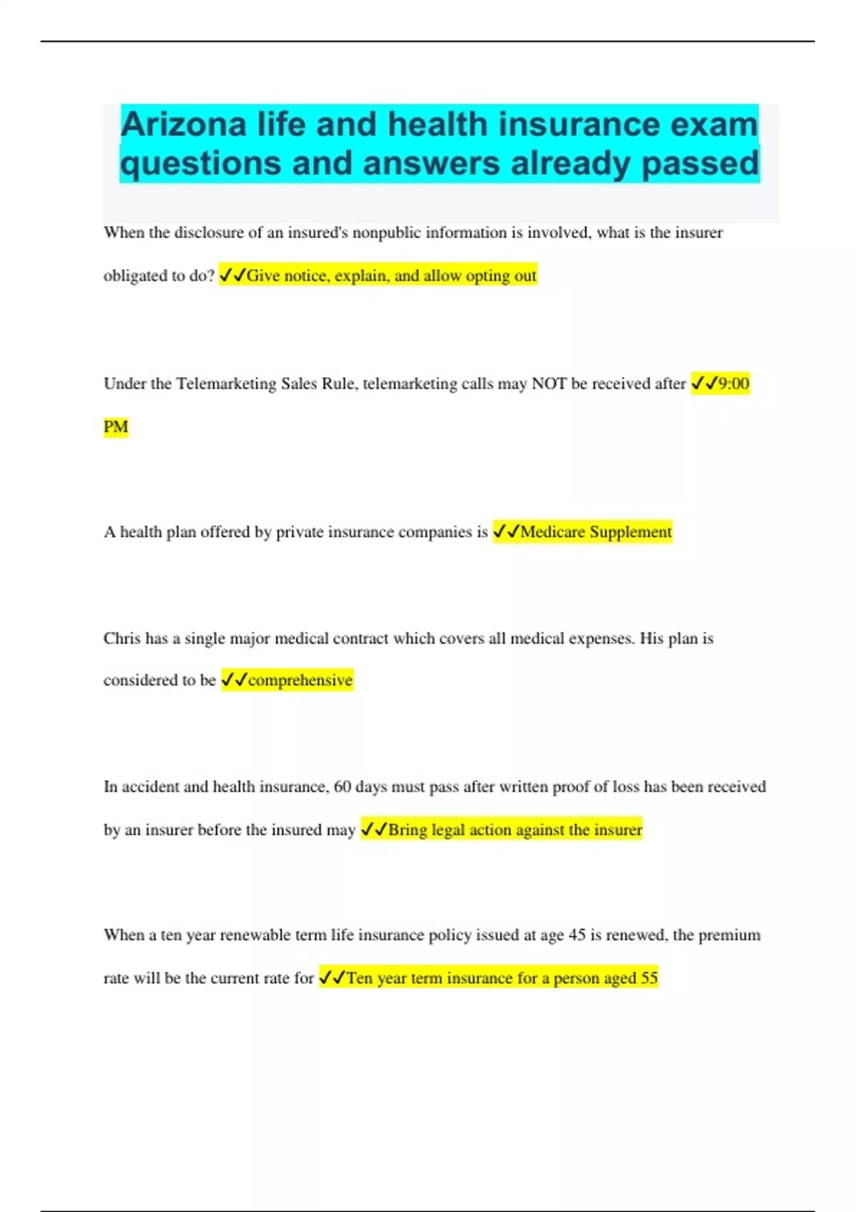 Arizona Life and Health Insurance Bundled Exams Questions and Answers ...