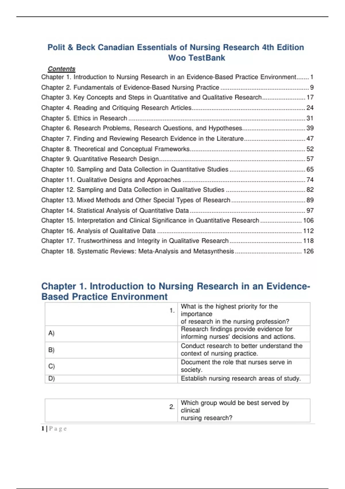 Test Bank Polit & Beck Canadian Essentials of Nursing Research 4th ...
