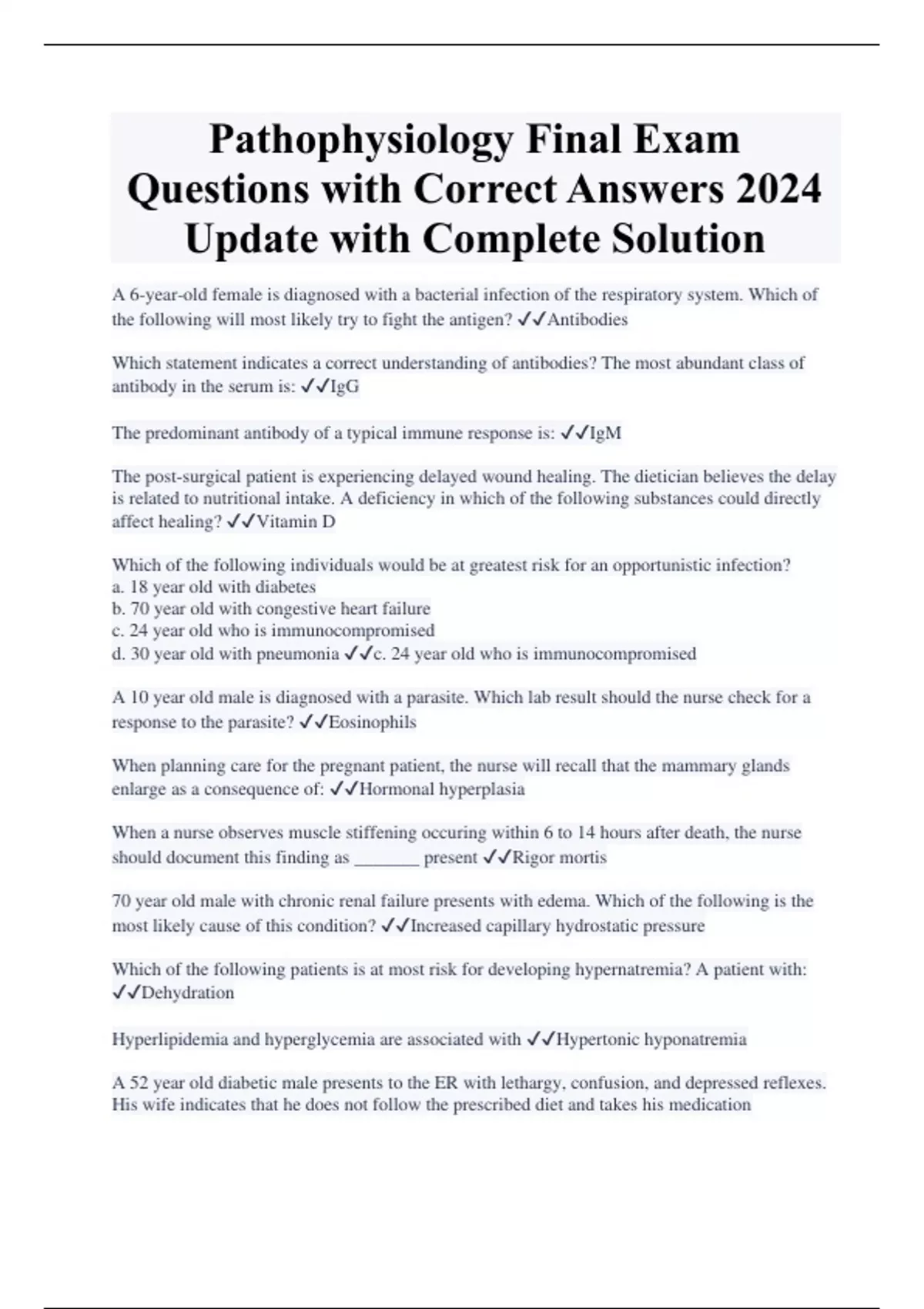 Pathophysiology Final Exam Questions with Correct Answers 2024 Update with Complete Solution ...