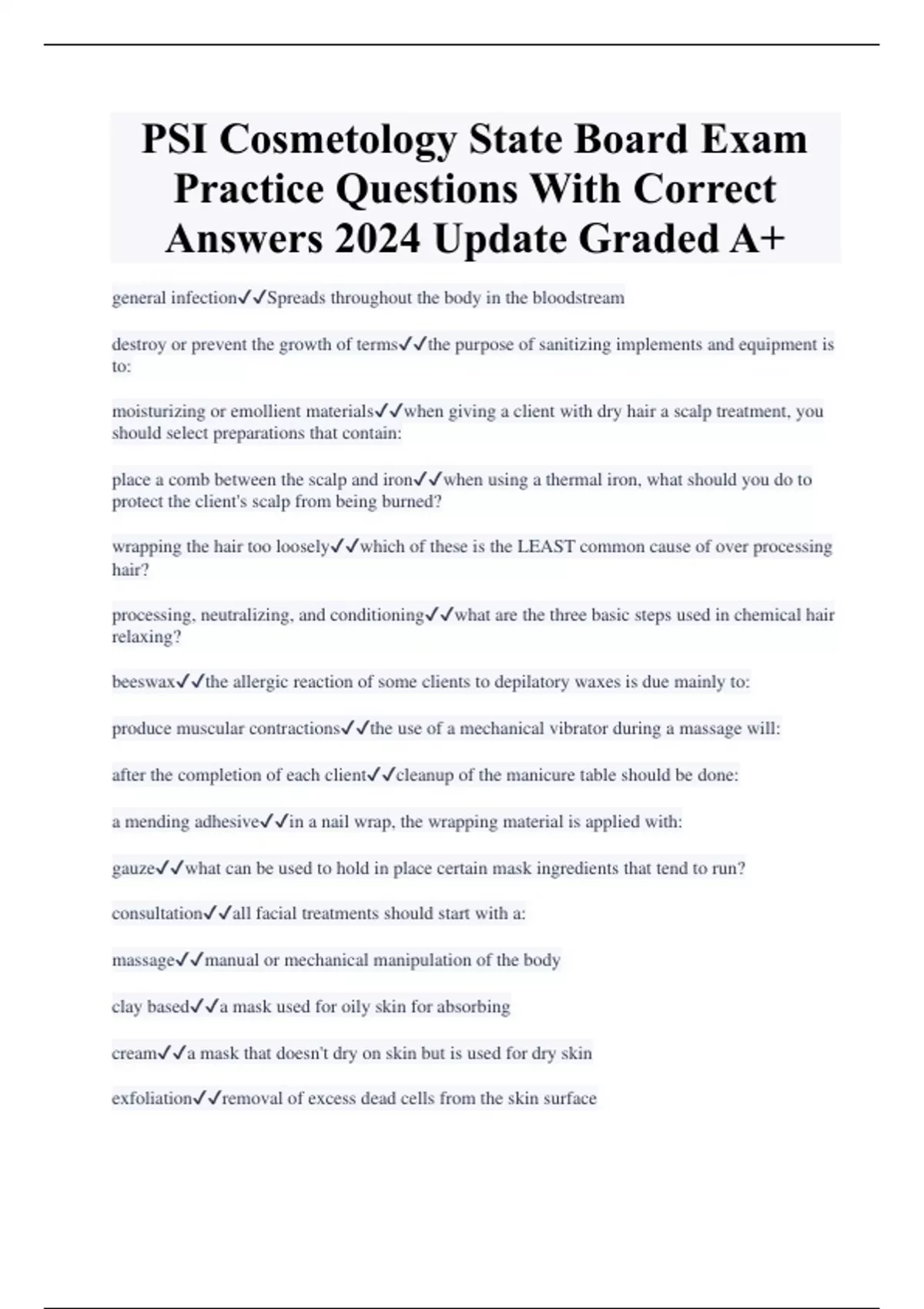 PSI Cosmetology State Board Exam Practice Questions With Correct ...