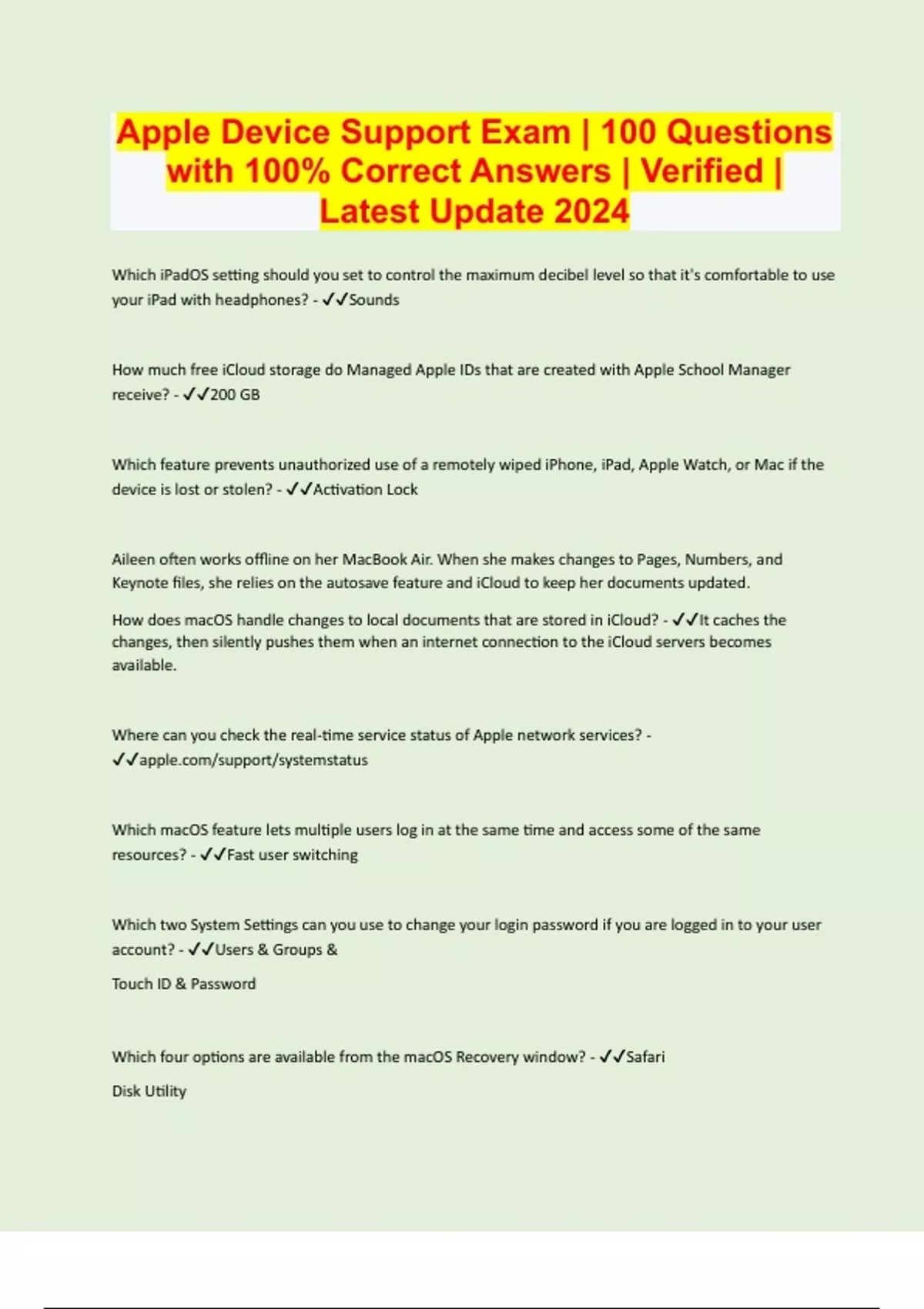 Apple Device Support Exam | 100 Questions with 100% Correct Answers ...