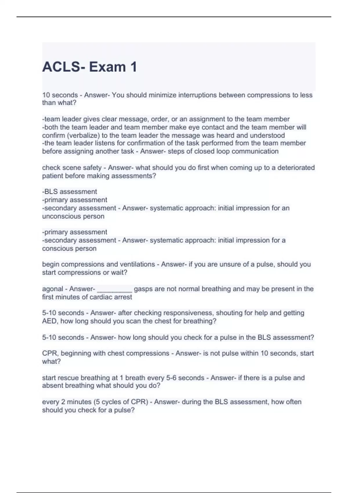 ACLS- Exam 1 Questions with correct Answers - ACLS - Stuvia US