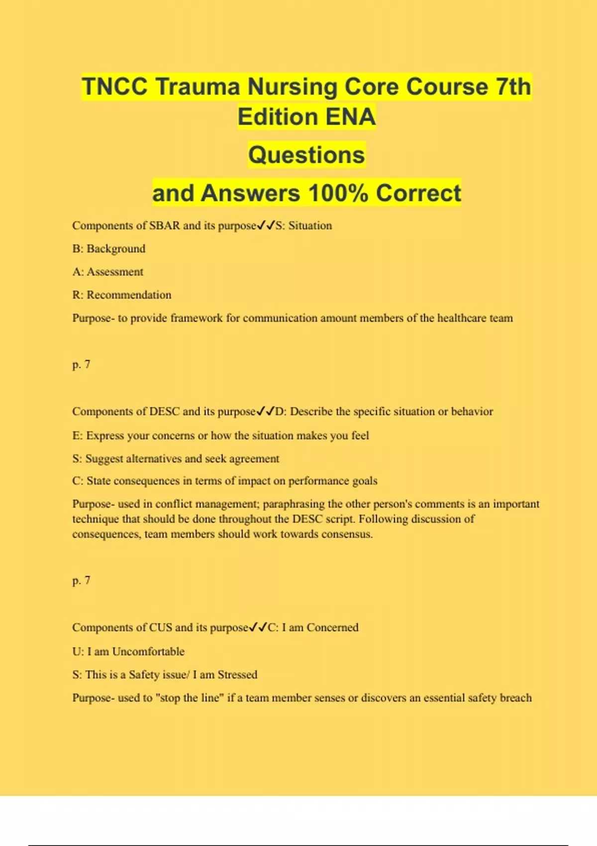 TNCC Trauma Nursing Core Course 7th Edition ENA Questions and Answers ...