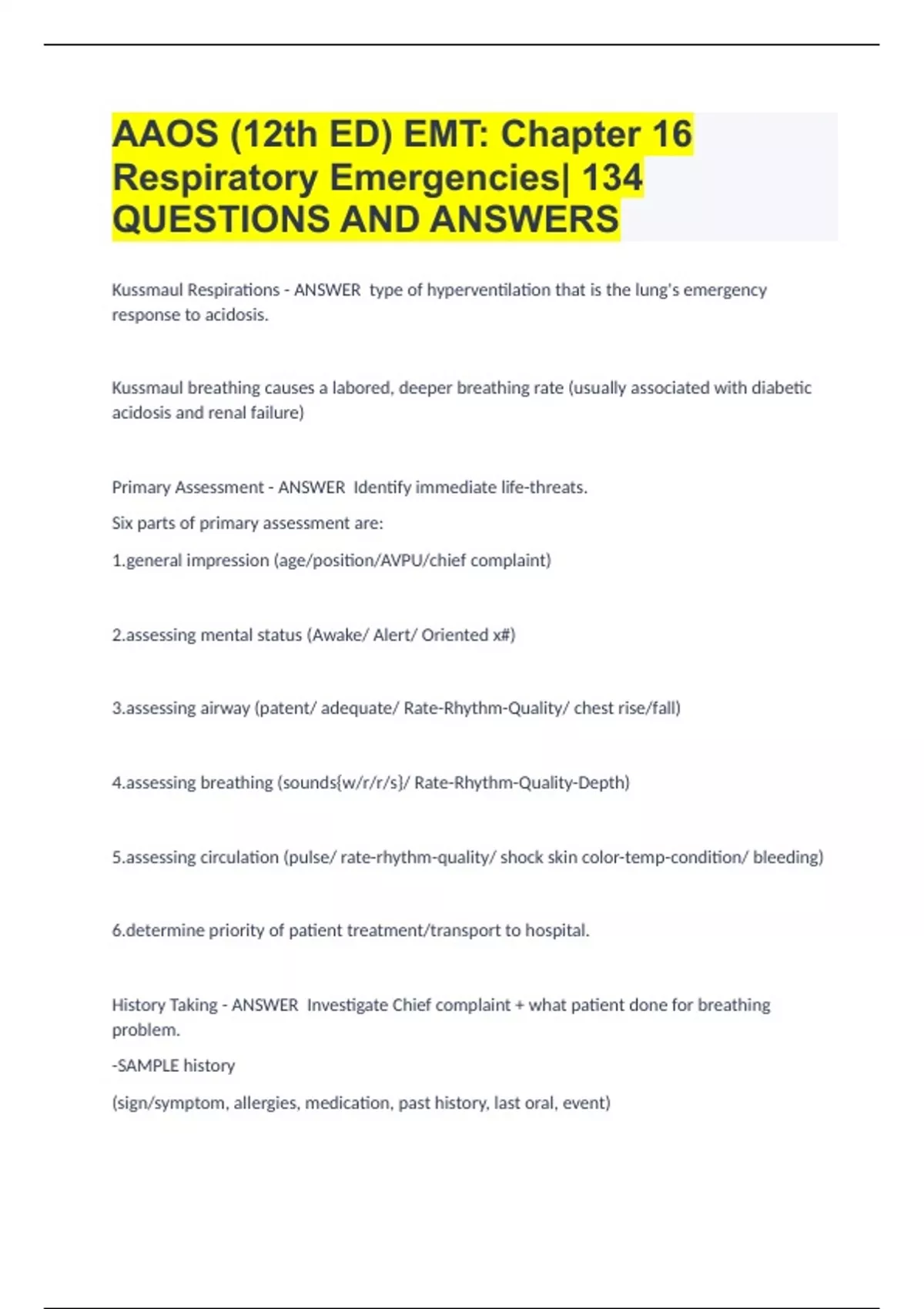 AAOS (12th ED) EMT: Chapter 16 Respiratory Emergencies| 134 QUESTIONS ...