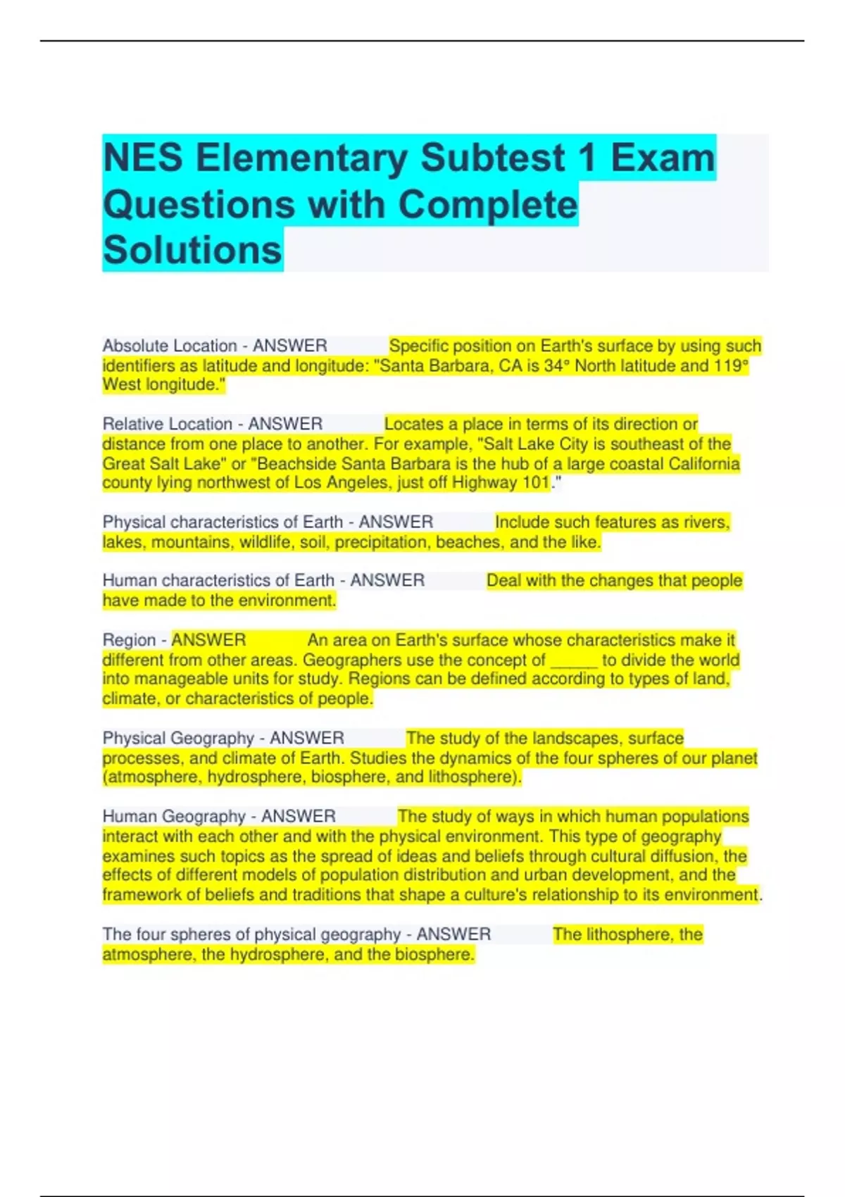 NES Elementary Subtest 1 Exam Questions with Complete Solutions - NES ...