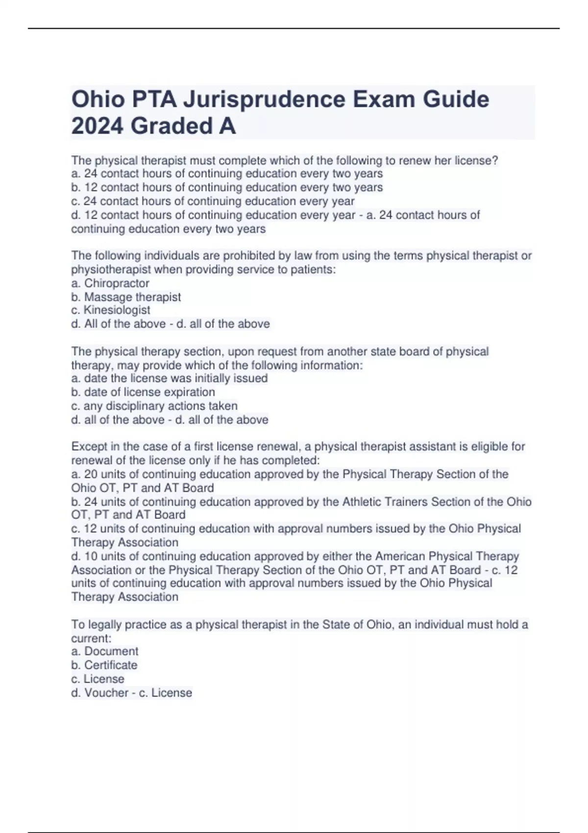 Ohio PTA Jurisprudence Exam Guide 2024 Graded A - Ohio PTA Jurisprudence - Stuvia US