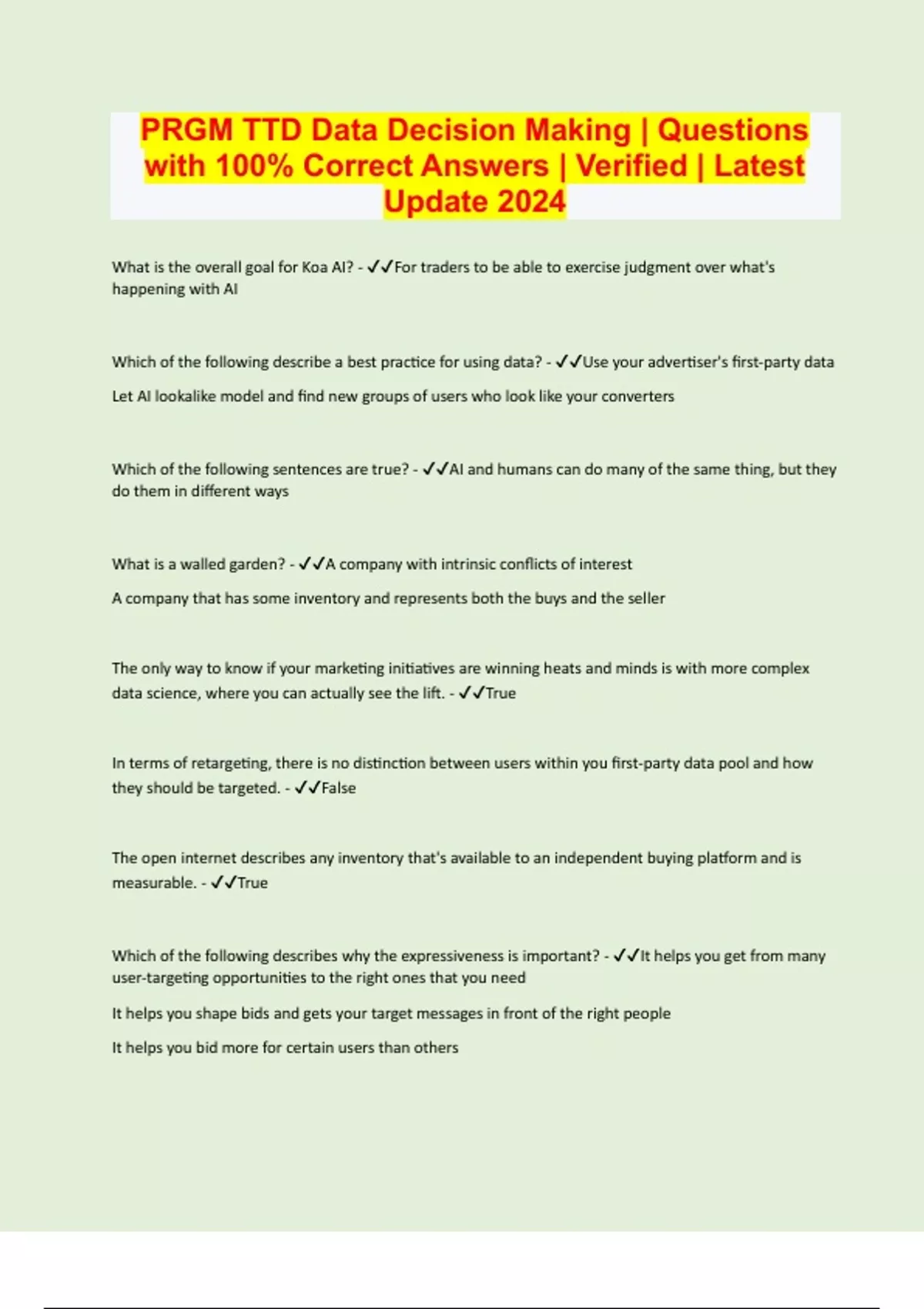 PRGM TTD Data Decision Making | Questions with 100% Correct Answers ...