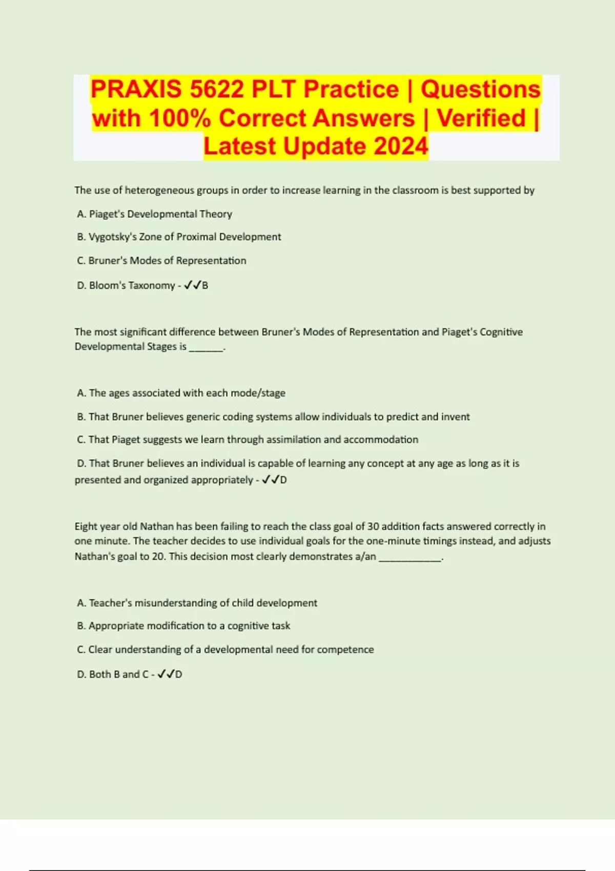 PRAXIS 5622 PLT Practice | Questions with 100% Correct Answers ...