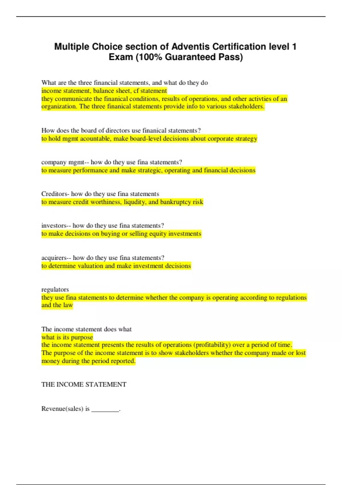 Multiple Choice section of Adventis Certification level 1 Exam (100% ...