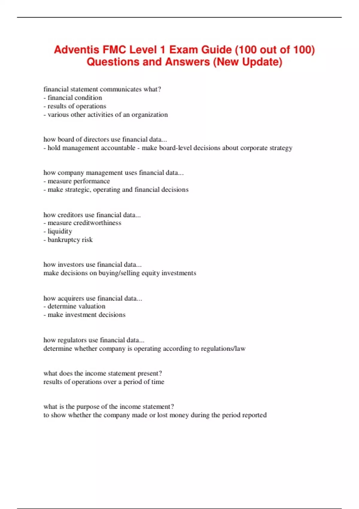 Adventis FMC Level 1 Exam Guide (100 out of 100) Questions and Answers ...