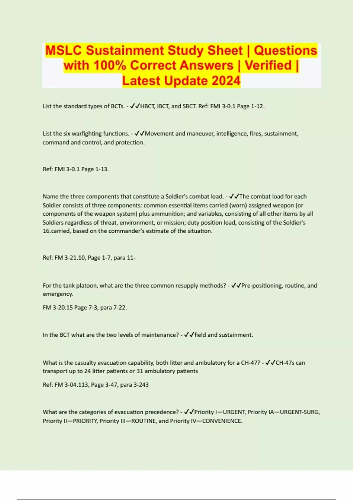 MSLC Sustainment Study Sheet | Questions with 100% Correct Answers ...