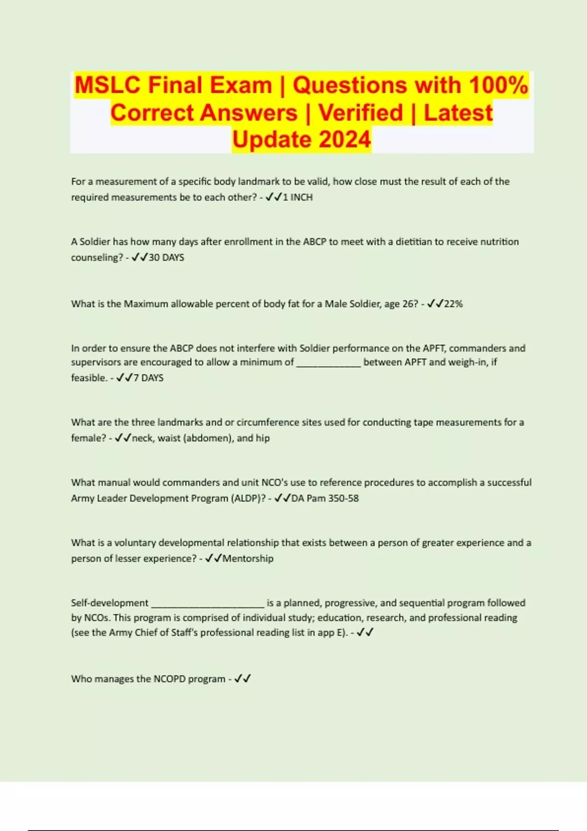 MSLC Final Exam | Questions with 100% Correct Answers | Verified ...