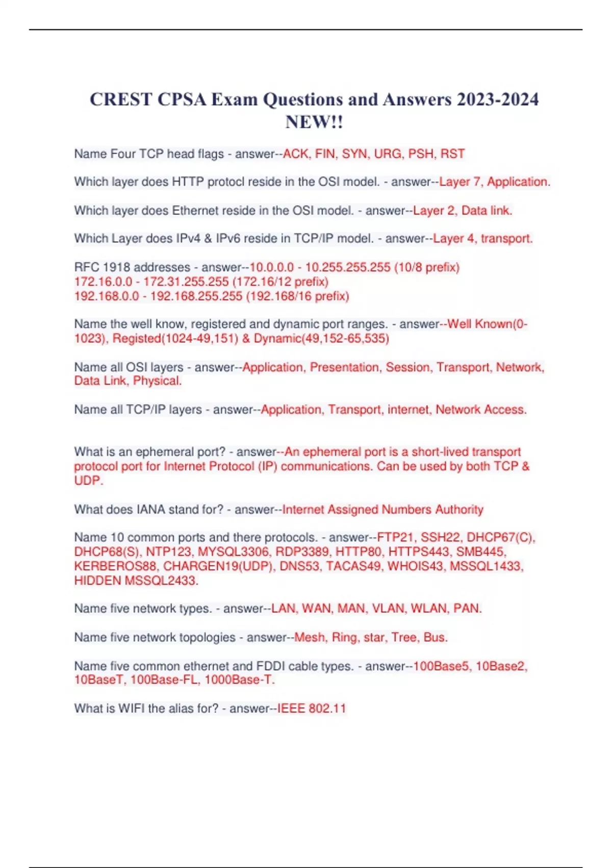 CREST CPSA Exam Questions and Answers NEW!! Name Four TCP head flags ...