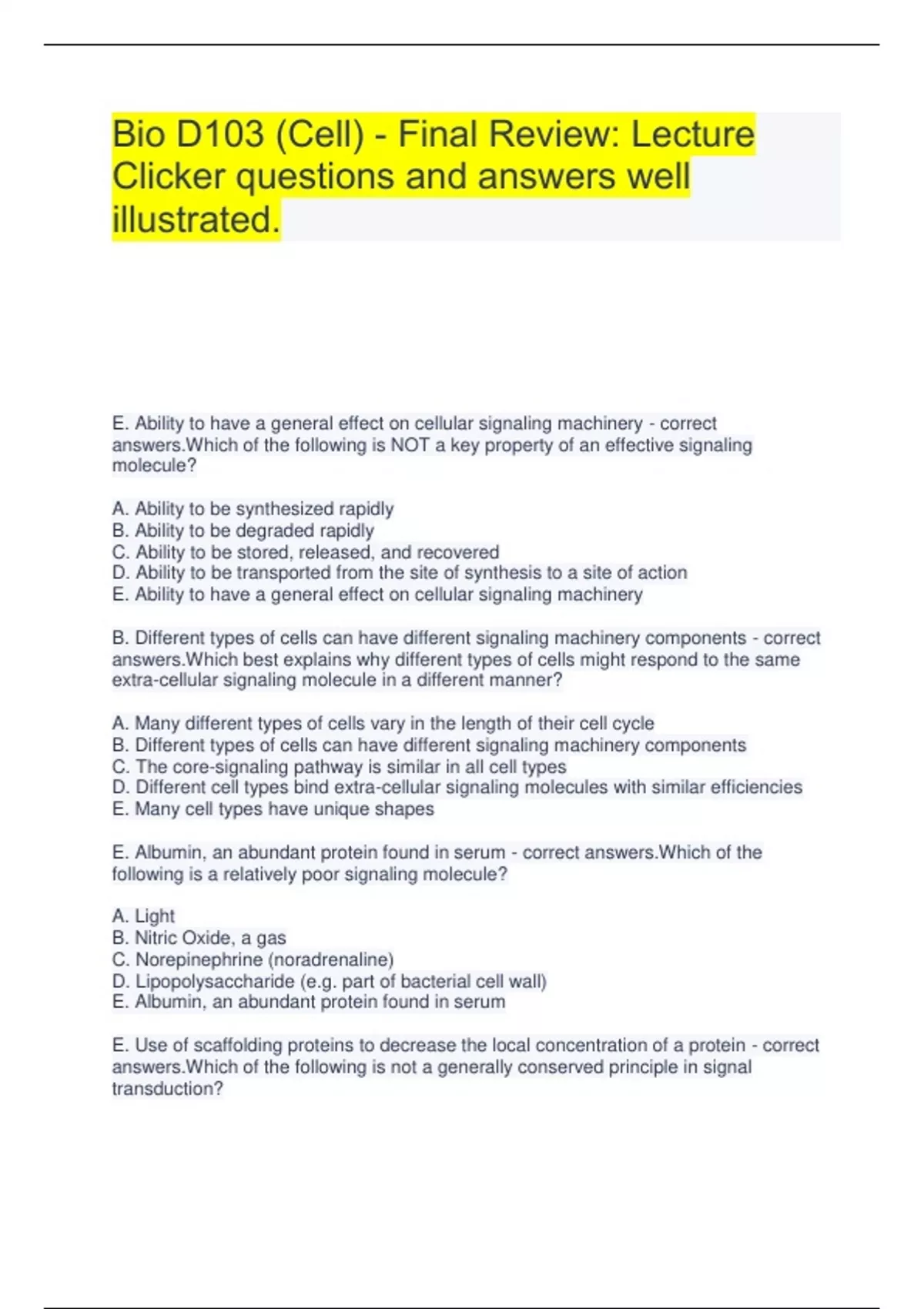 Bio D103 (Cell) - Final Review: Lecture Clicker questions and answers well illustrated. - Bio ...