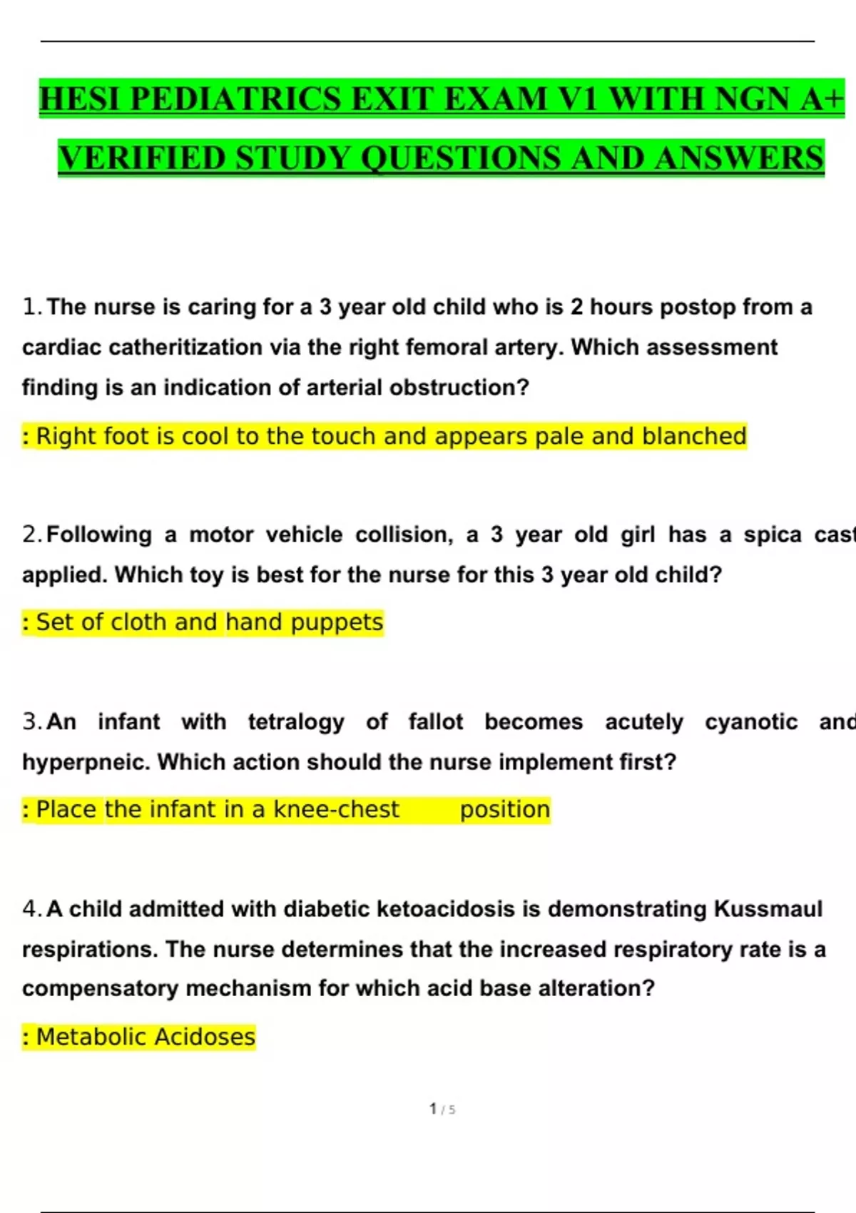 HESI PEDIATRICS EXIT EXAM V1 WITH NGN STUDY QUESTIONS AND ANSWERS ...