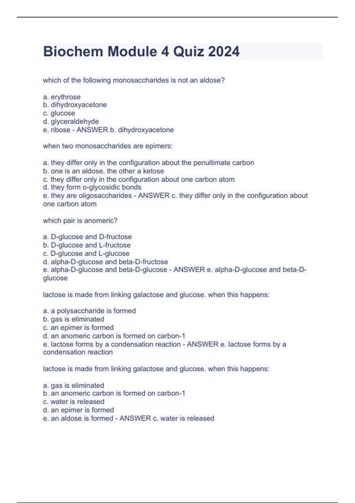 Biochem Module 4 Quiz 2024 - Portage biochemistry - Stuvia US