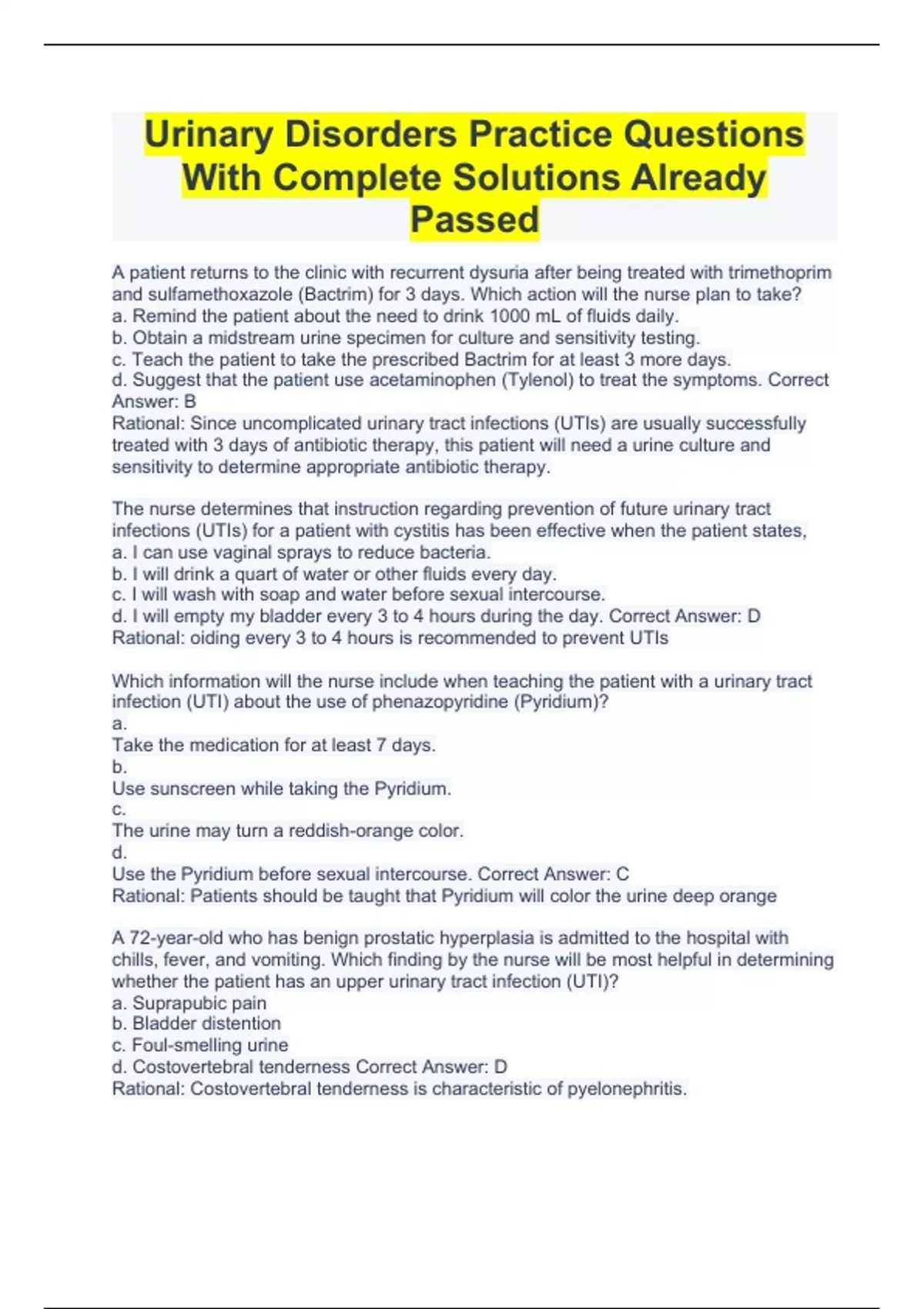 Urinary Disorders Practice Questions With Complete Solutions Already ...