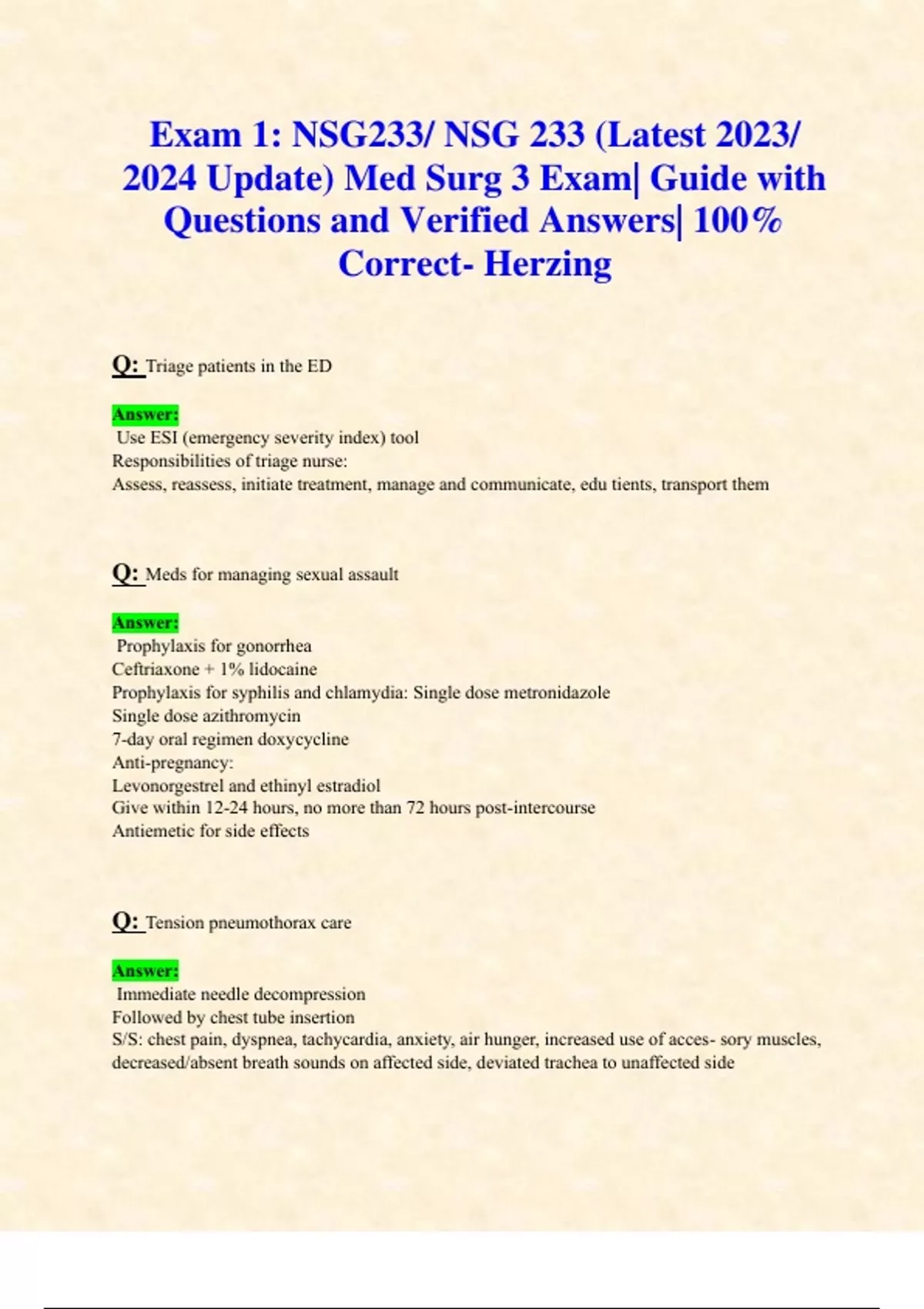 Exam 1: NSG233/ NSG 233 (Latest 2023/ 2024 Update) Med Surg 3 Exam ...