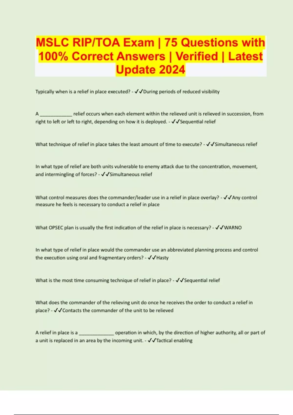 MSLC RIP/TOA Exam | 75 Questions with 100% Correct Answers | Verified ...