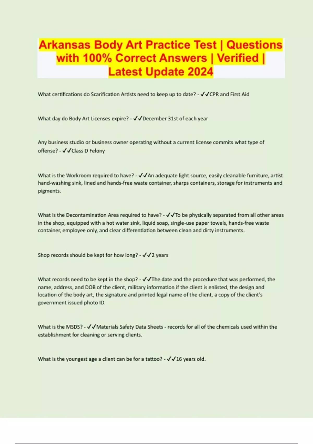 Arkansas Body Art Practice Test | Questions with 100% Correct Answers ...