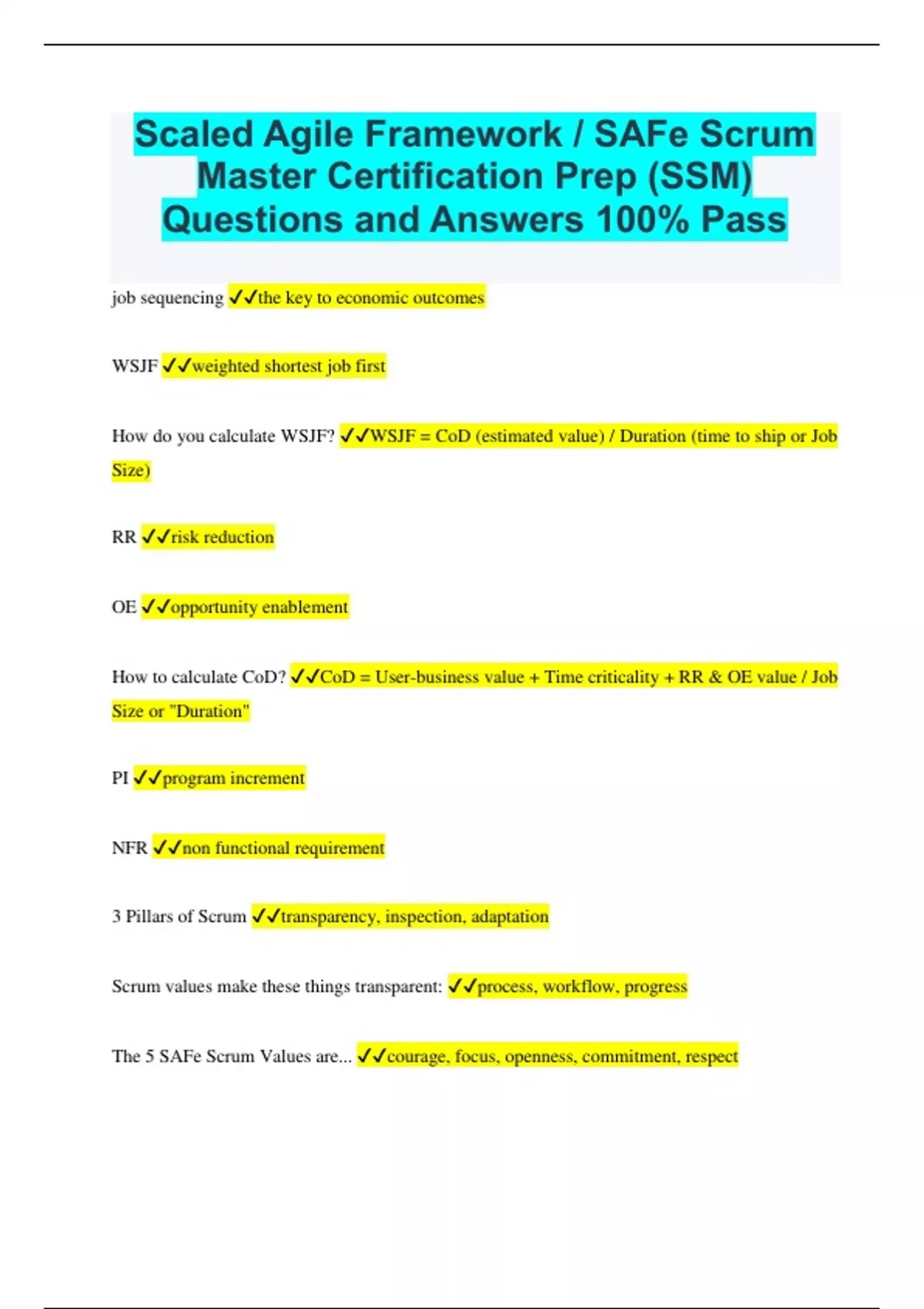 Scaled Agile Framework Safe Scrum Master Certification Prep Ssm Questions And Answers 100