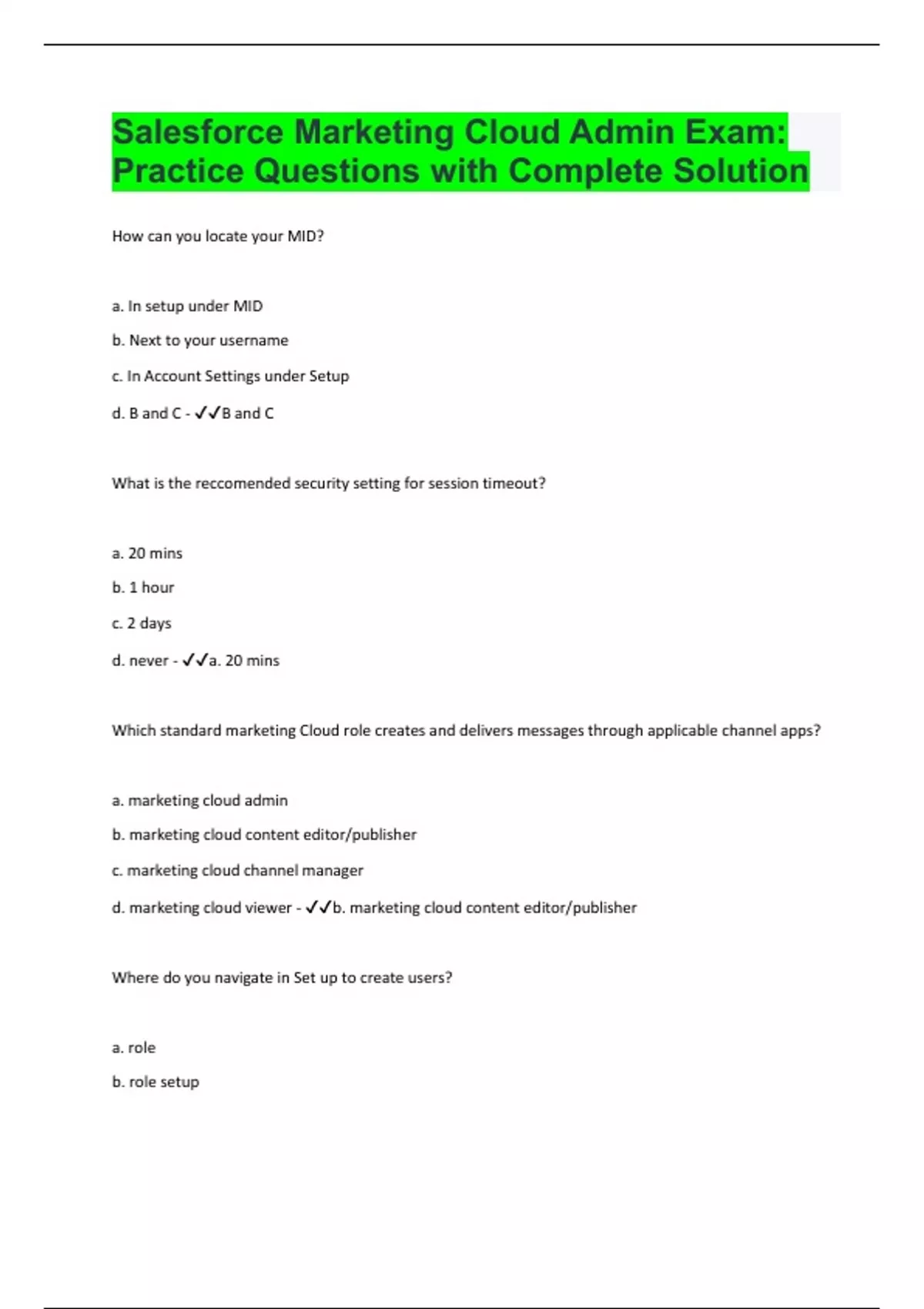 Salesforce Marketing Cloud Admin Exam: Practice Questions with Complete Solution - Salesforce ...