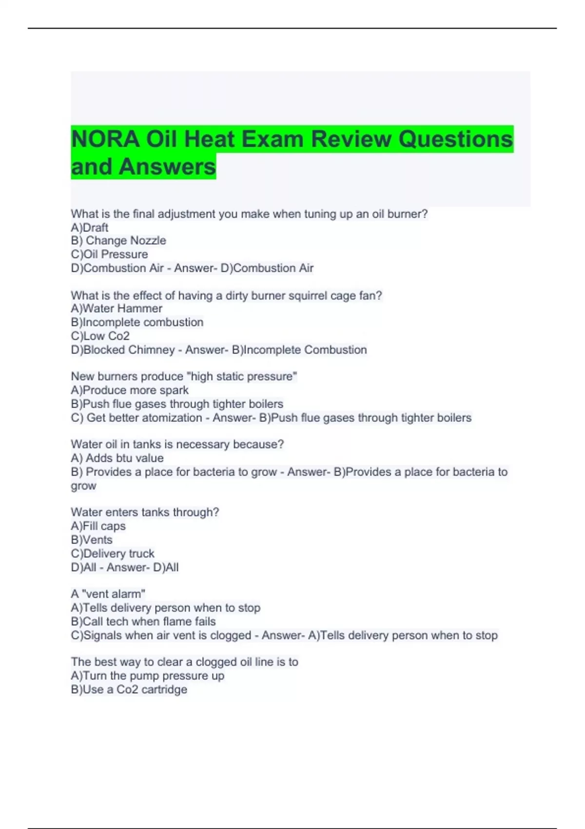 NORA Oil Heat Exam Review Questions and Answers - Massachusetts Oil ...
