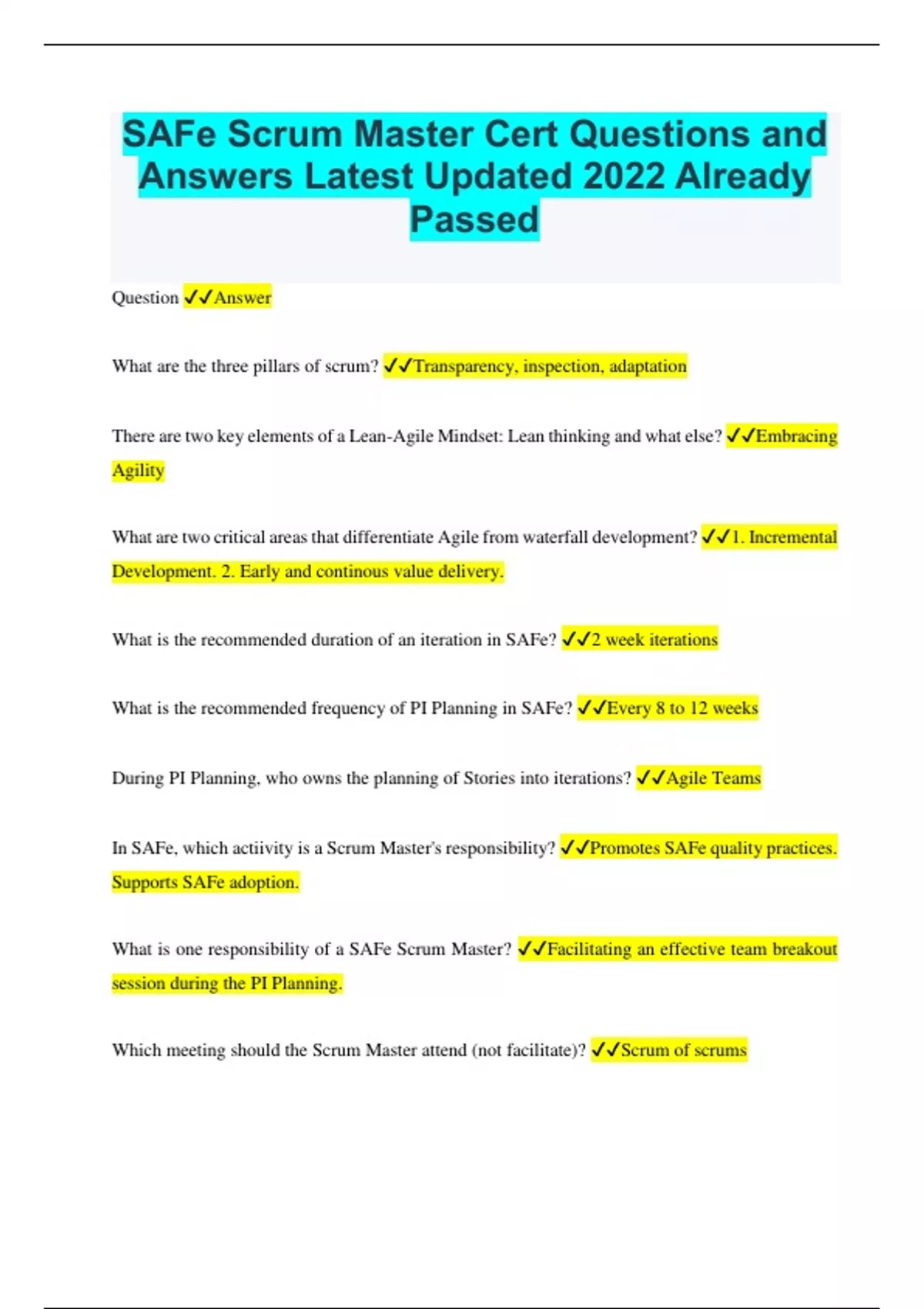 Safe Scrum Master Cert Questions And Answers Latest Updated 2022 Already Passed Safe5 Scrum