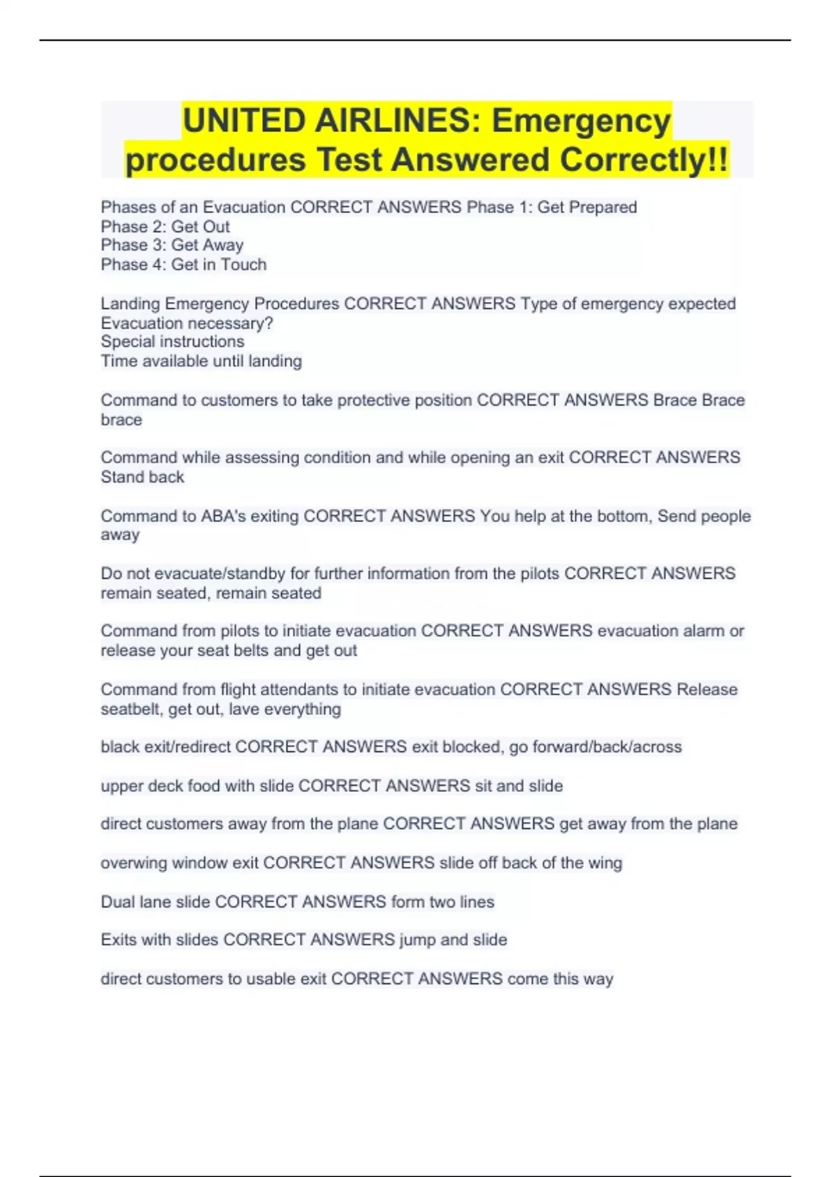 UNITED AIRLINES: Emergency procedures Test Answered Correctly ...