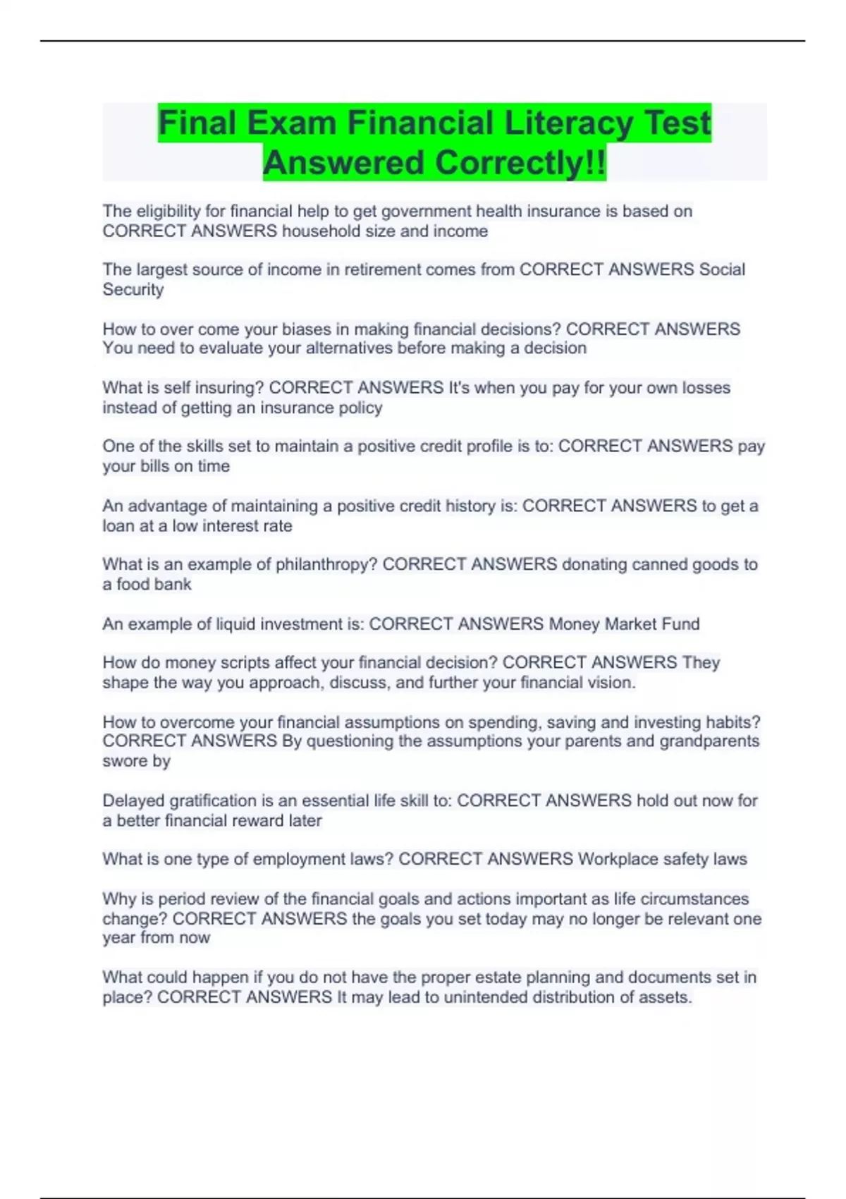 Final Exam Financial Literacy Test Answered Correctly!! - Financial ...