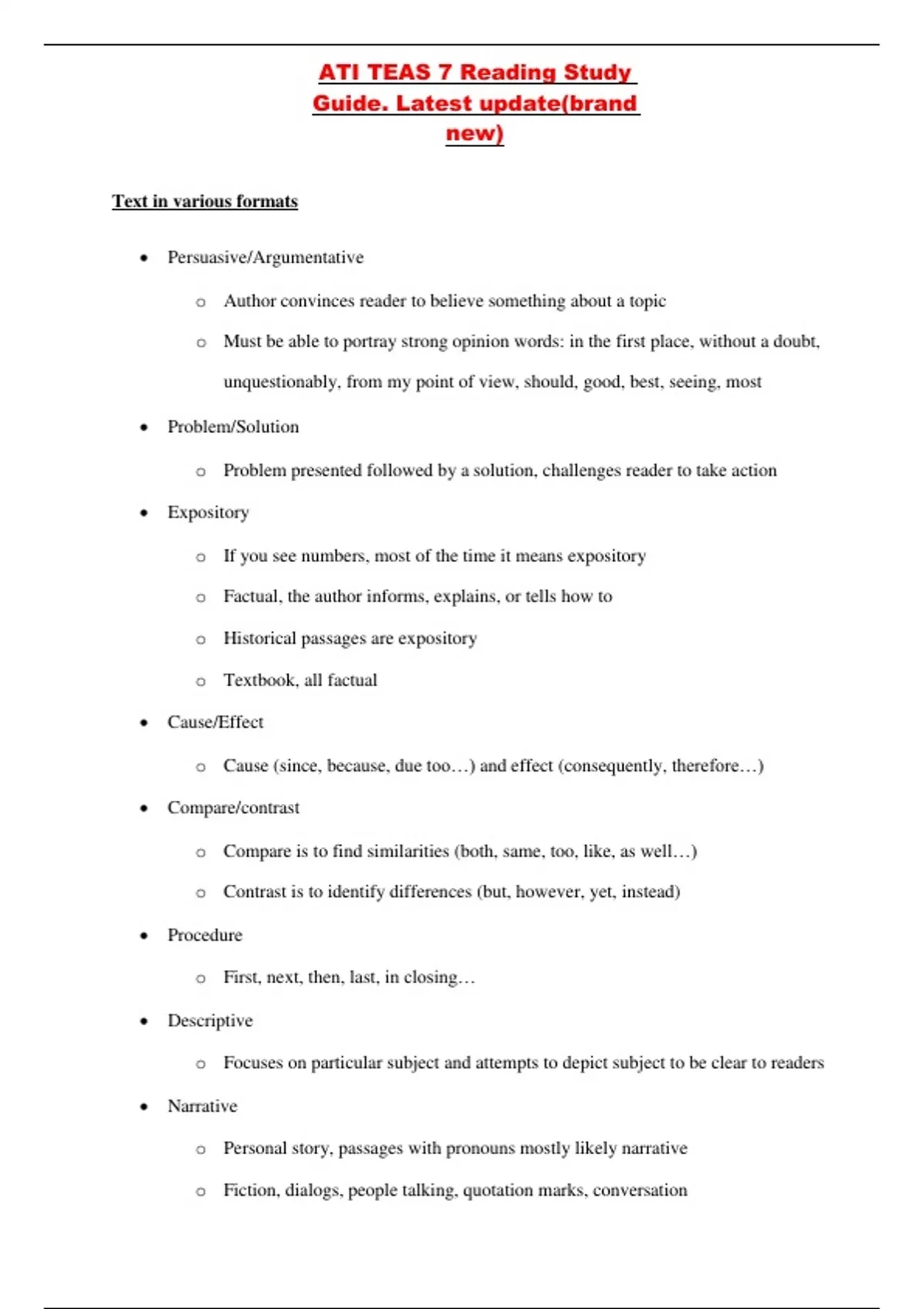 ATI TEAS 7 Reading Study Guide. Latest update(brand new) - ATI TEAS 7 ...