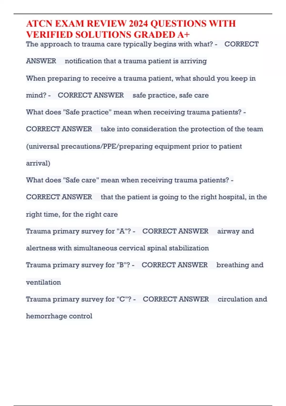 ATCN EXAM REVIEW 2024 QUESTIONS WITH VERIFIED SOLUTIONS GRADED A+ ...