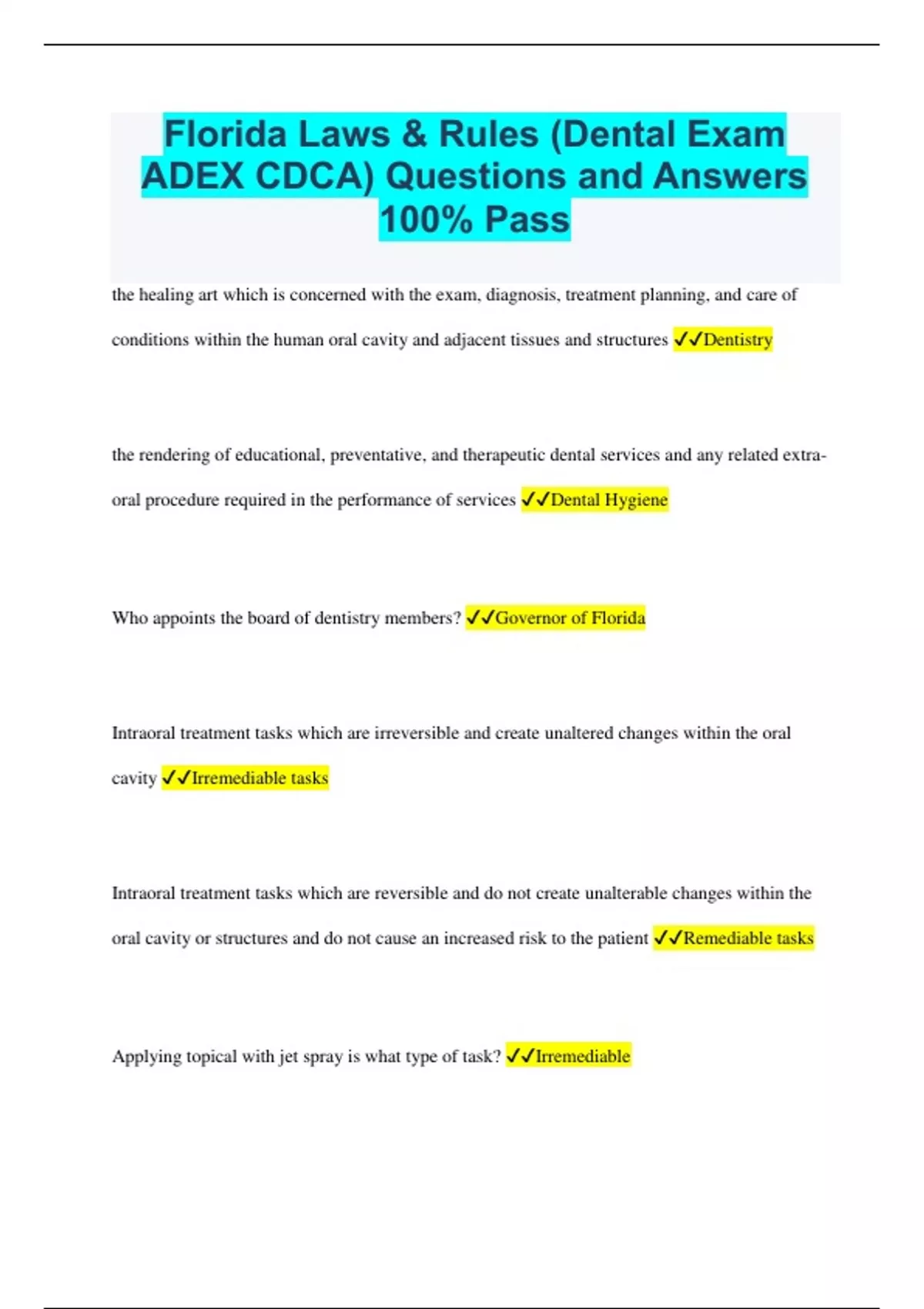 Florida Laws & Rules (Dental Exam ADEX CDCA) Questions and Answers 100% ...
