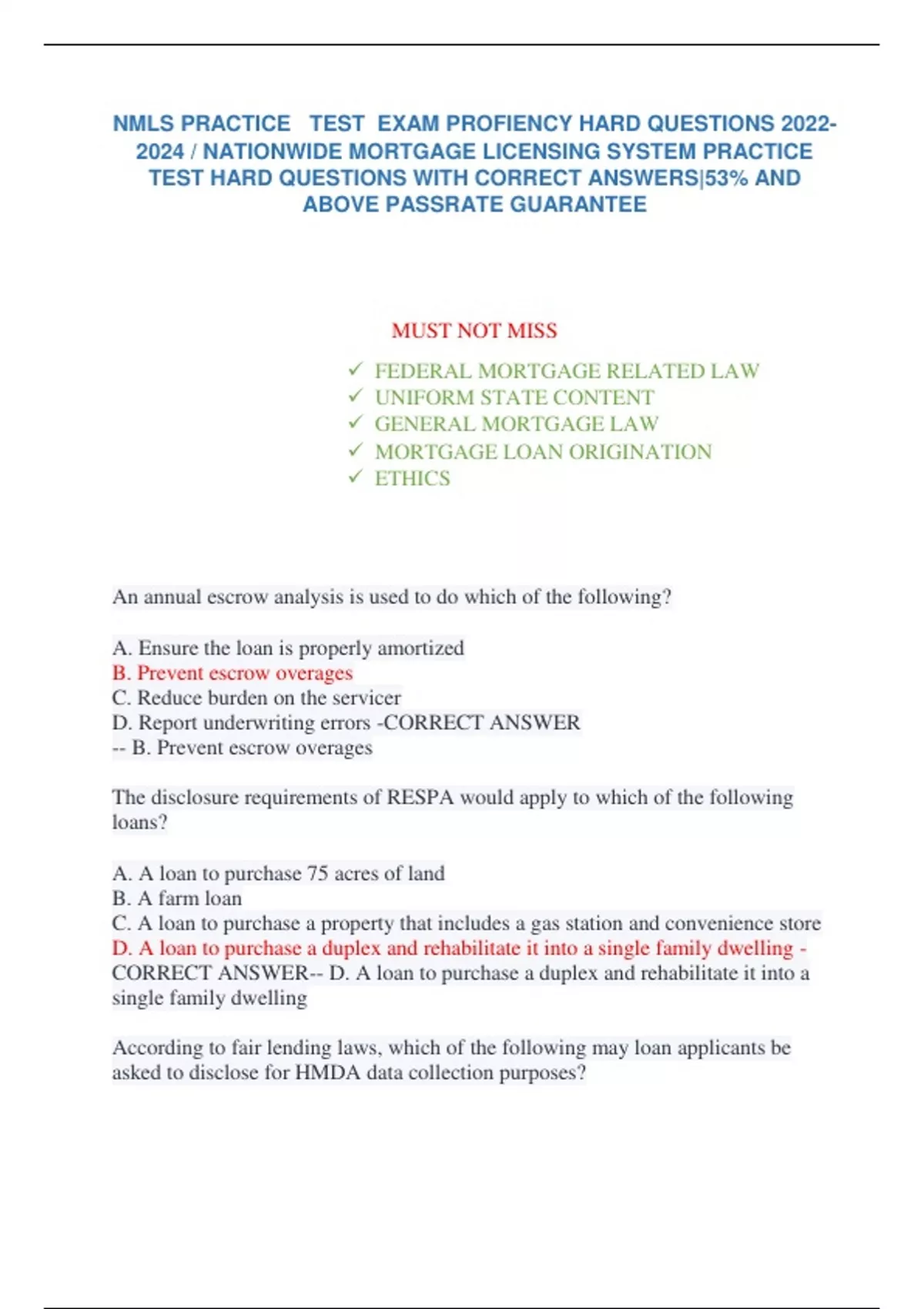 NMLS PRACTICE TEST EXAM PROFIENCY HARD QUESTIONS / NATIONWIDE MORTGAGE ...