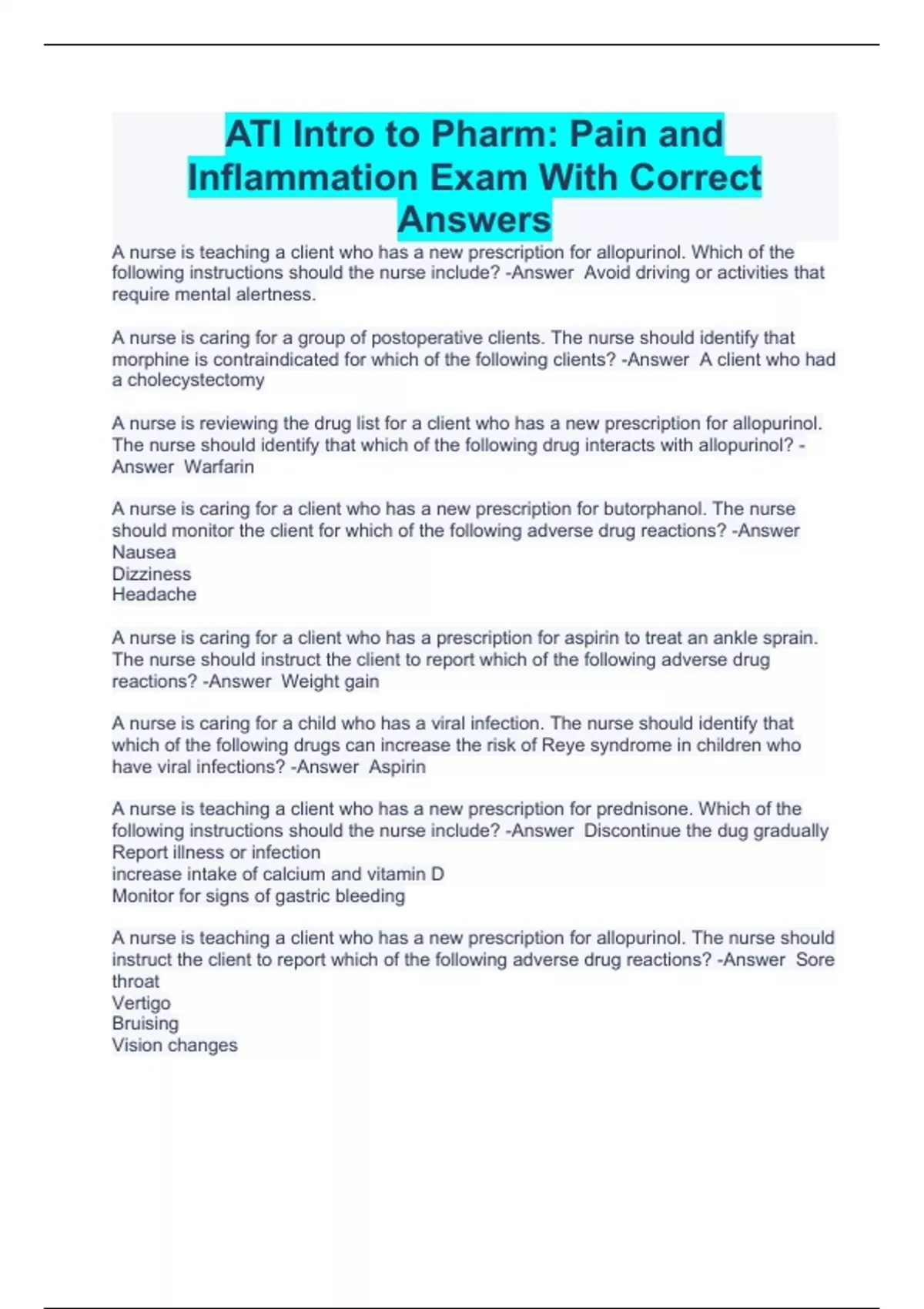 ATI Intro to Pharm: Pain and Inflammation Exam With Correct Answers ...