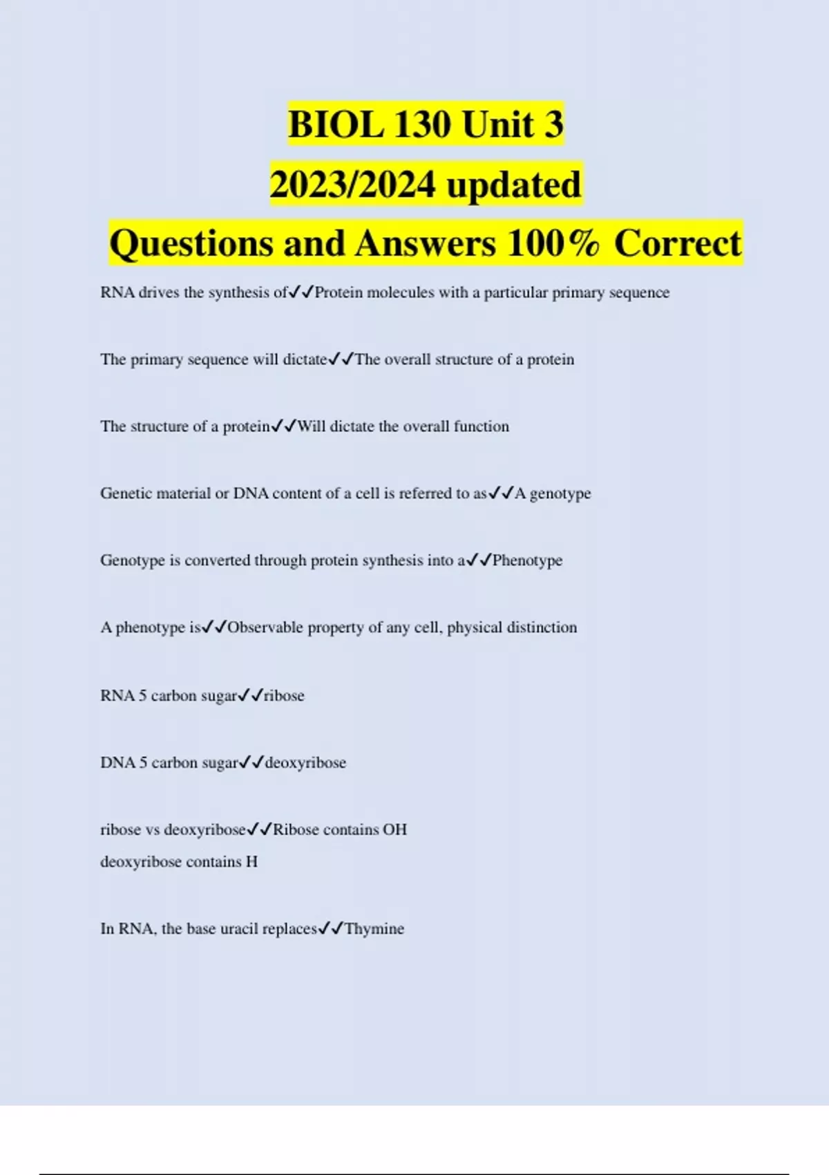 BIOL 130 Unit 3 2023/2024 updated Questions and Answers 100% Correct - Biol - Stuvia US