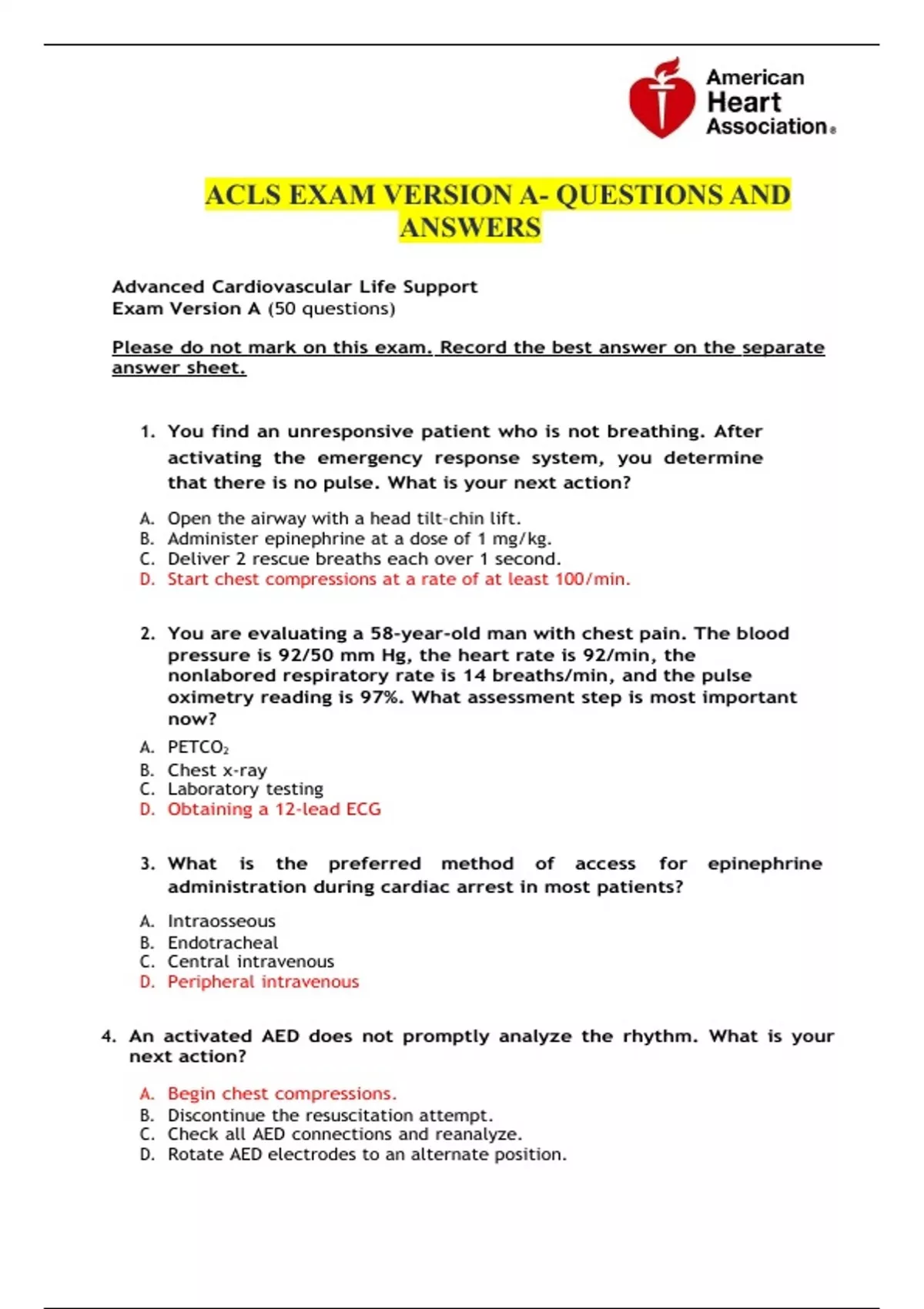ACLS EXAM VERSION A- QUESTIONS AND ANSWERS - ACLS - Stuvia US