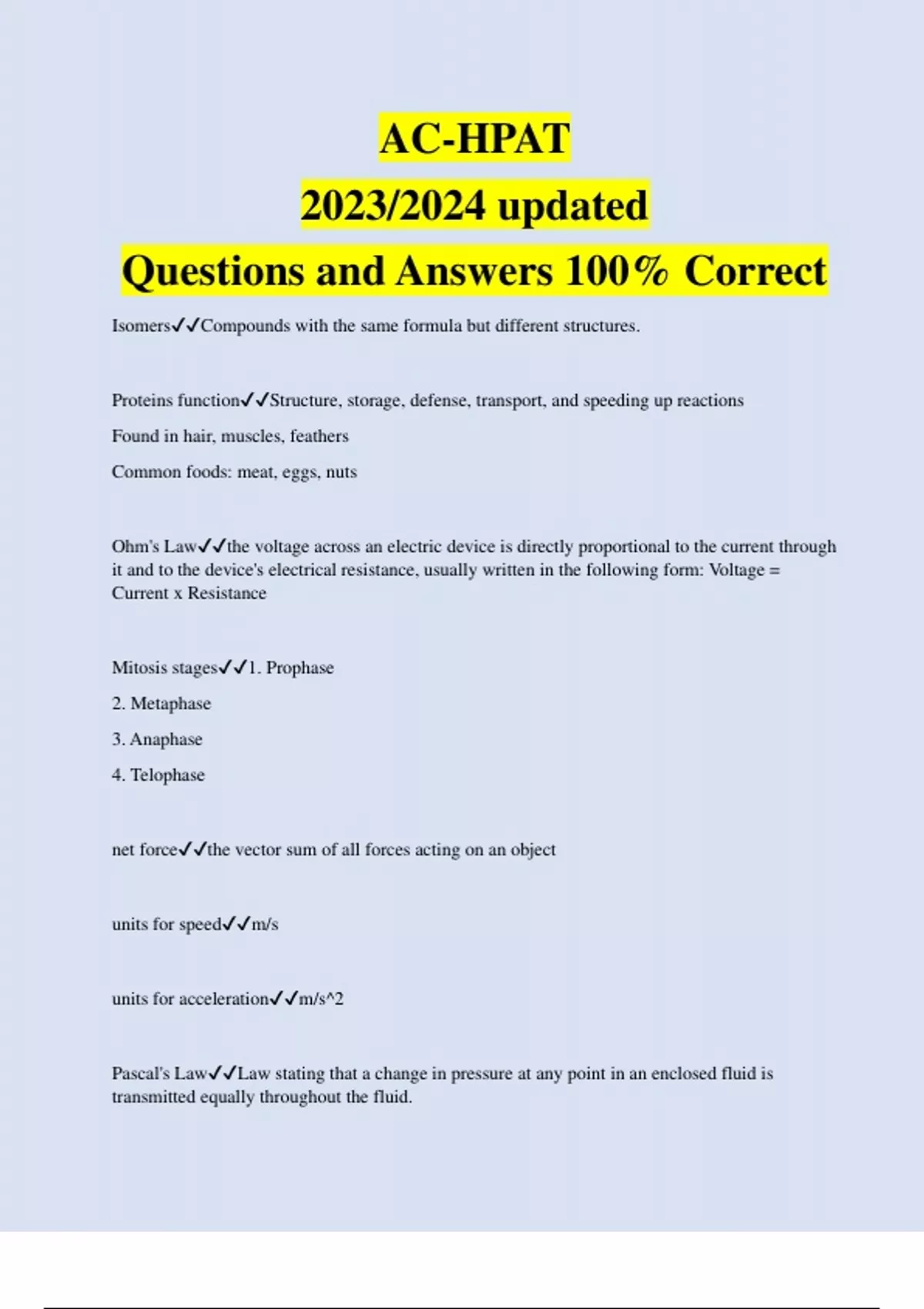 AC-HPAT 2023/2024 updated Questions and Answers 100% Correct - AC HPAT ...