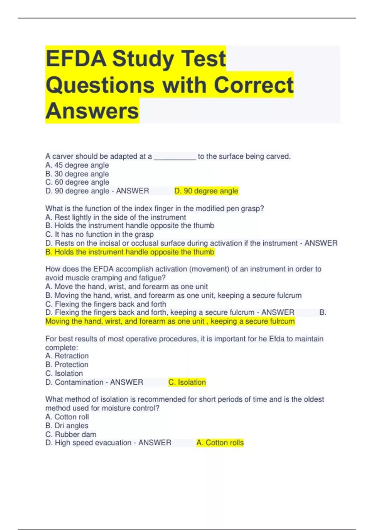 EFDA Study Test Questions with Correct Answers - EFDA - Stuvia US