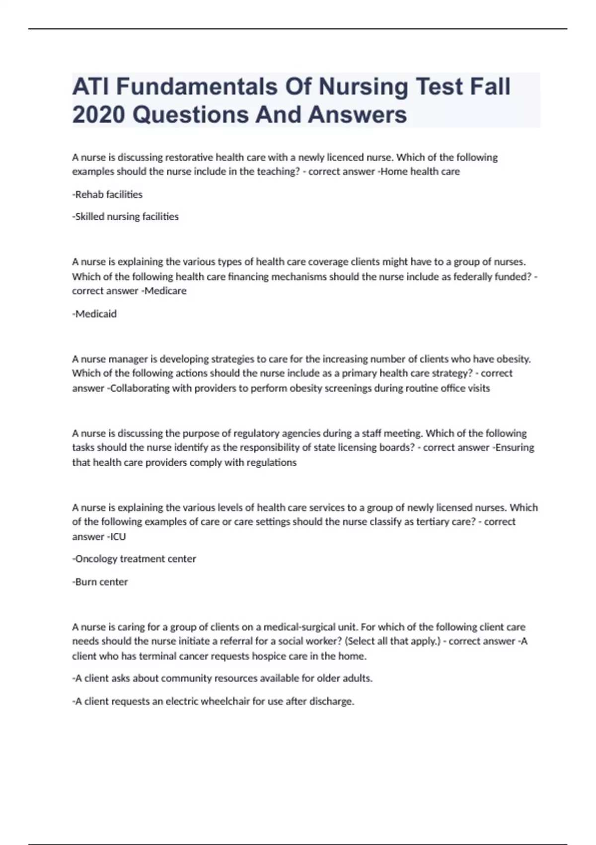 ATI Fundamentals Of Nursing Test Fall 2020 Questions And Answers - A.T ...