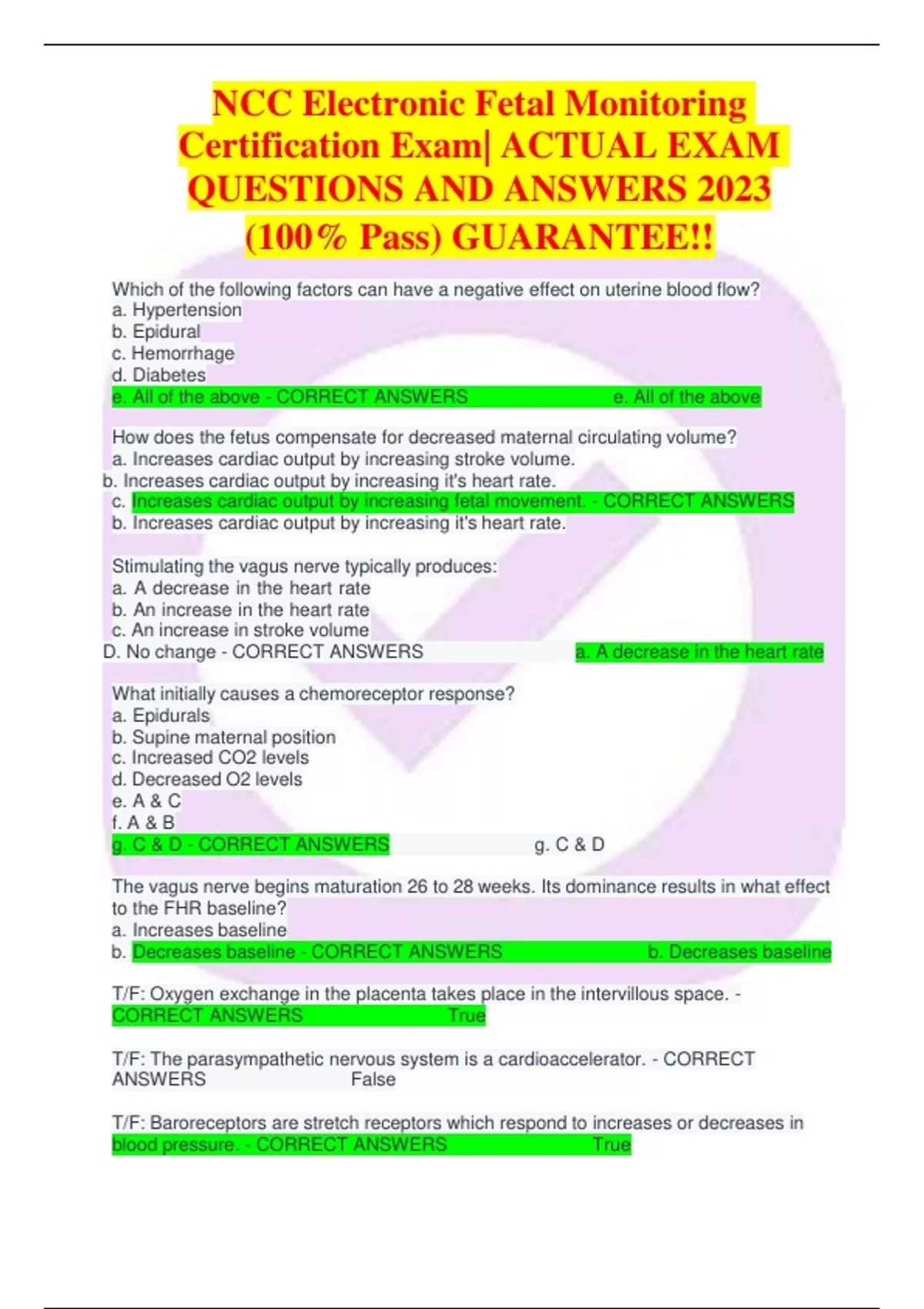 NCC Electronic Fetal Monitoring Certification Exam| ACTUAL EXAM QUESTIONS AND ANSWERS 2023 (100% ...