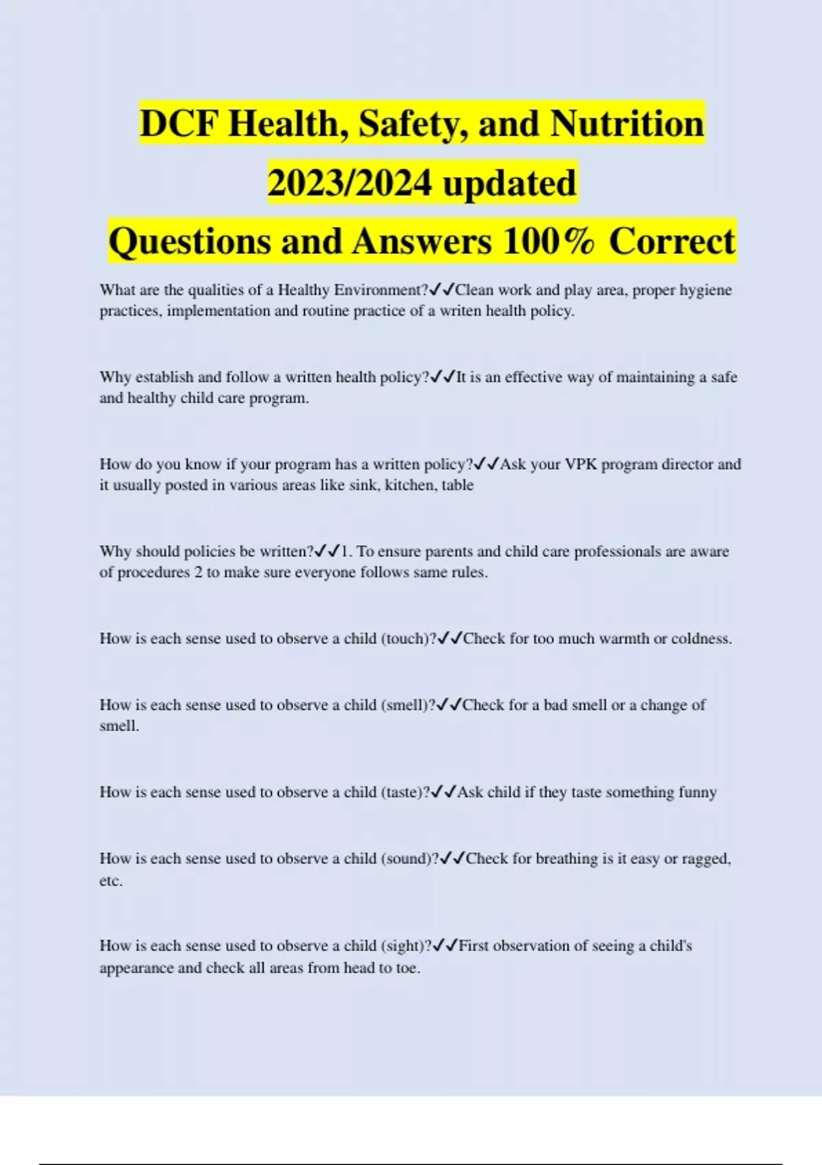 DCF Health, Safety, and Nutrition 2023/2024 updated Questions and ...