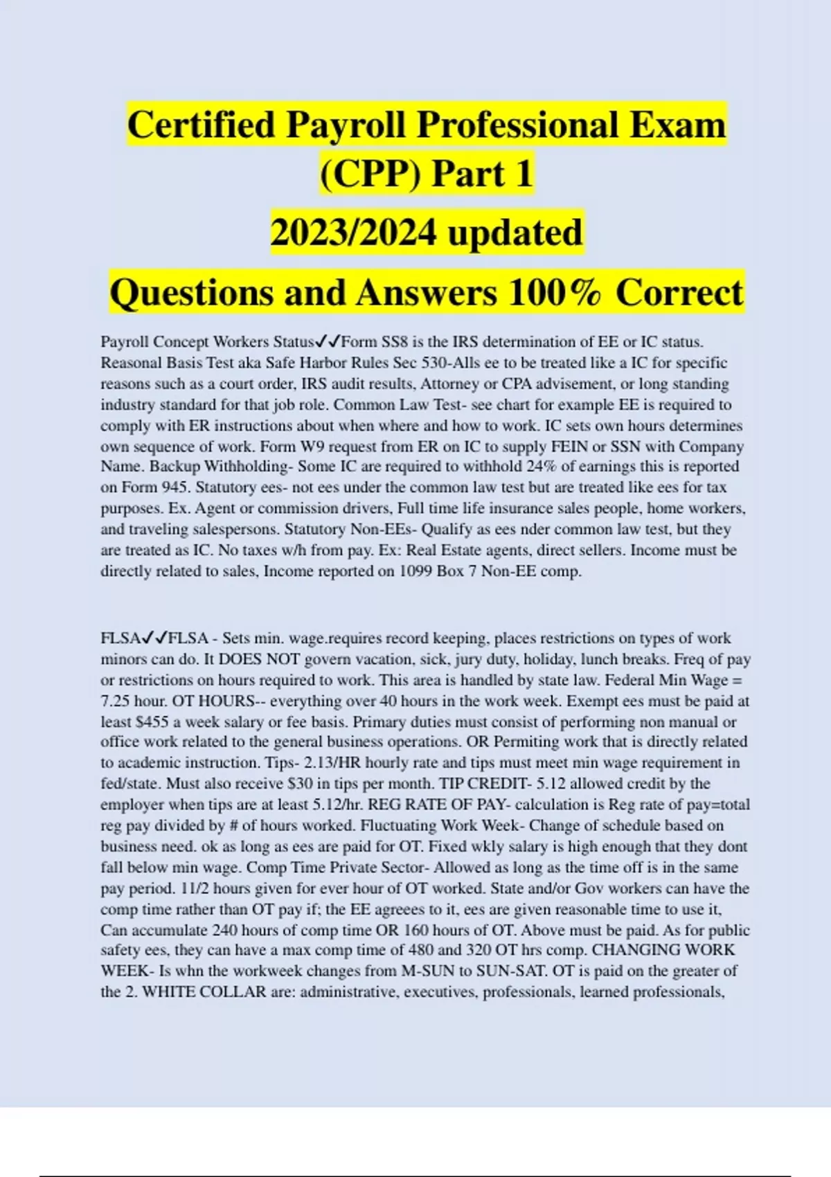 Certified Payroll Professional Exam (CPP) Part 1 2023/2024 updated Questions and Answers 100% ...